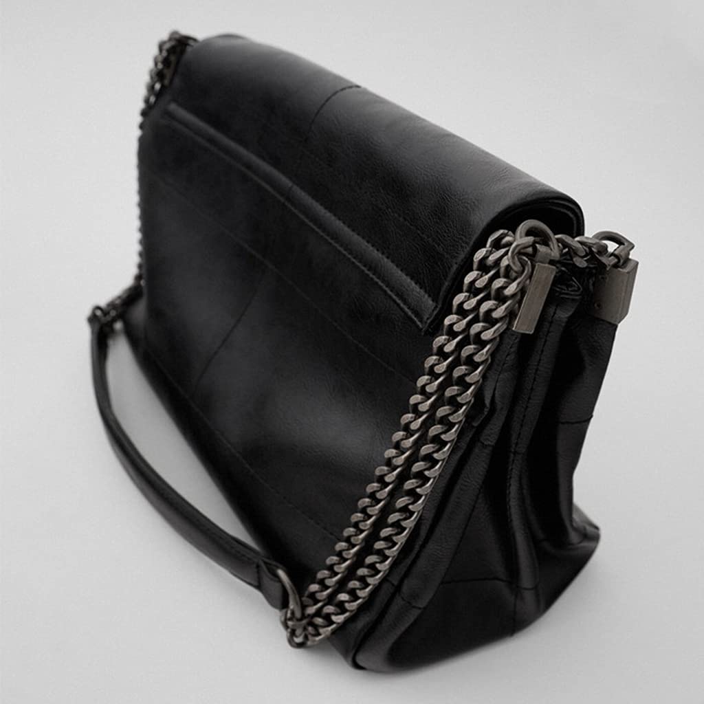 Womens Vintage Black Rock Style Flap Single Shoulder Bag with Chain Strap Faux Leather Luxury Zipper Messenger Handbag Pack Purse Chain Strap Faux Leather Purse