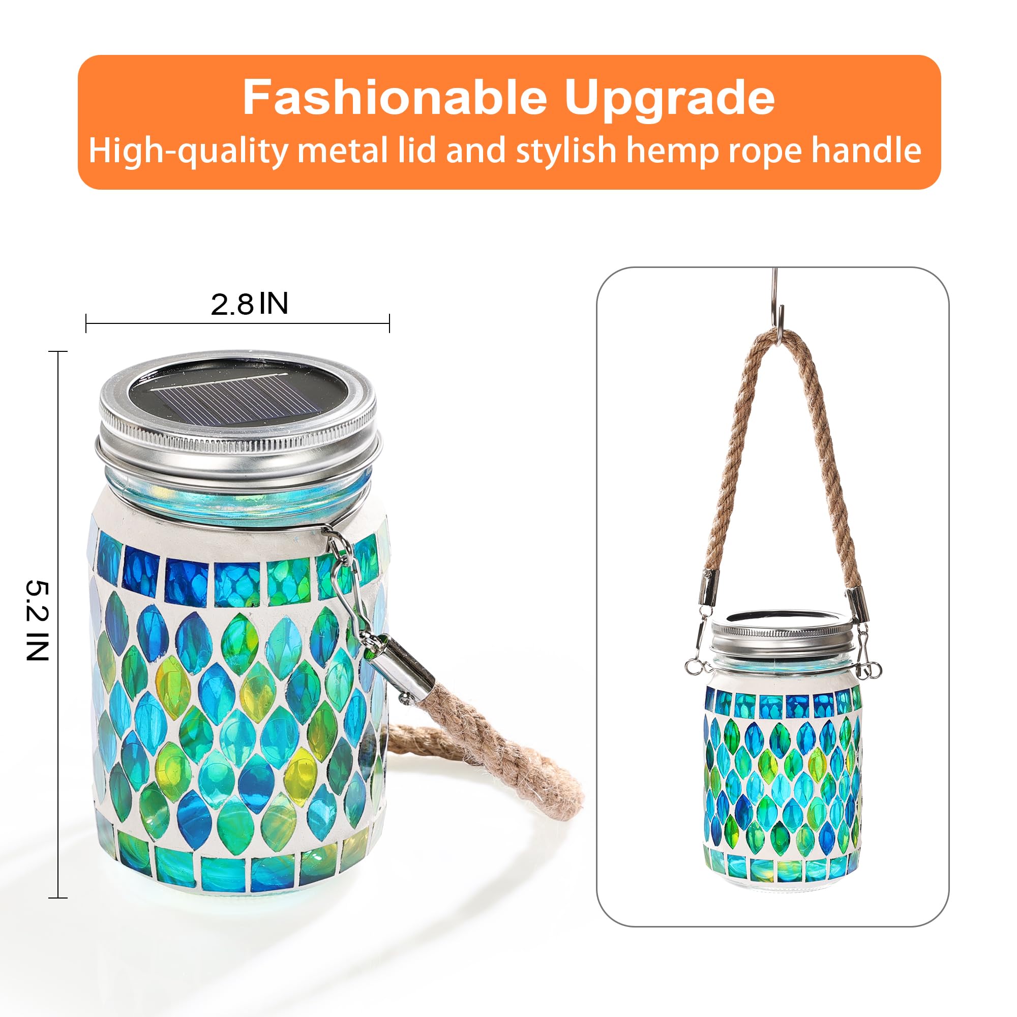 Cooo Solar Lanterns Outdoor Waterproof Jar Lights Solar Powered Table Hanging Garden Backyard Decor Lamps (Bohemian Bule Mosaic, 2)