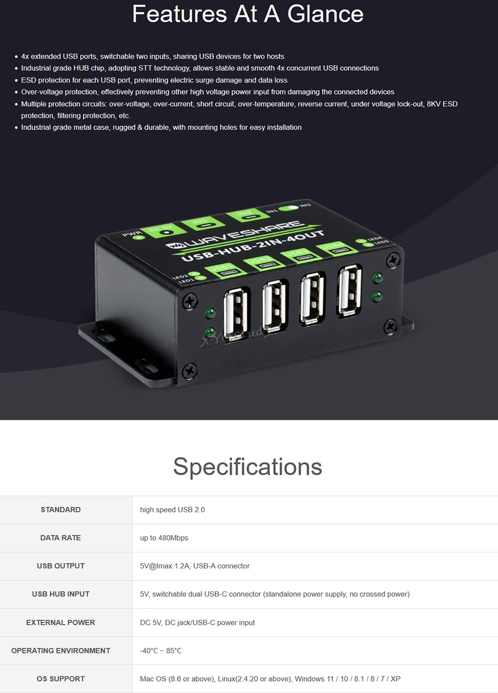 Industrial Grade USB HUB, Extending 4X USB 2.0 Ports, Switchable Dual Hosts @XYGStudy (USB-HUB-2IN-4OUT)