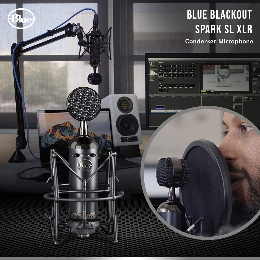Blue Blackout Spark SL XLR Large-Diaphragm Cardioid Condenser Microphone - Recording and Streaming, Shockmount & Case + Basic Bundle Xpix Mic Stand, Sr360 Headphones & More
