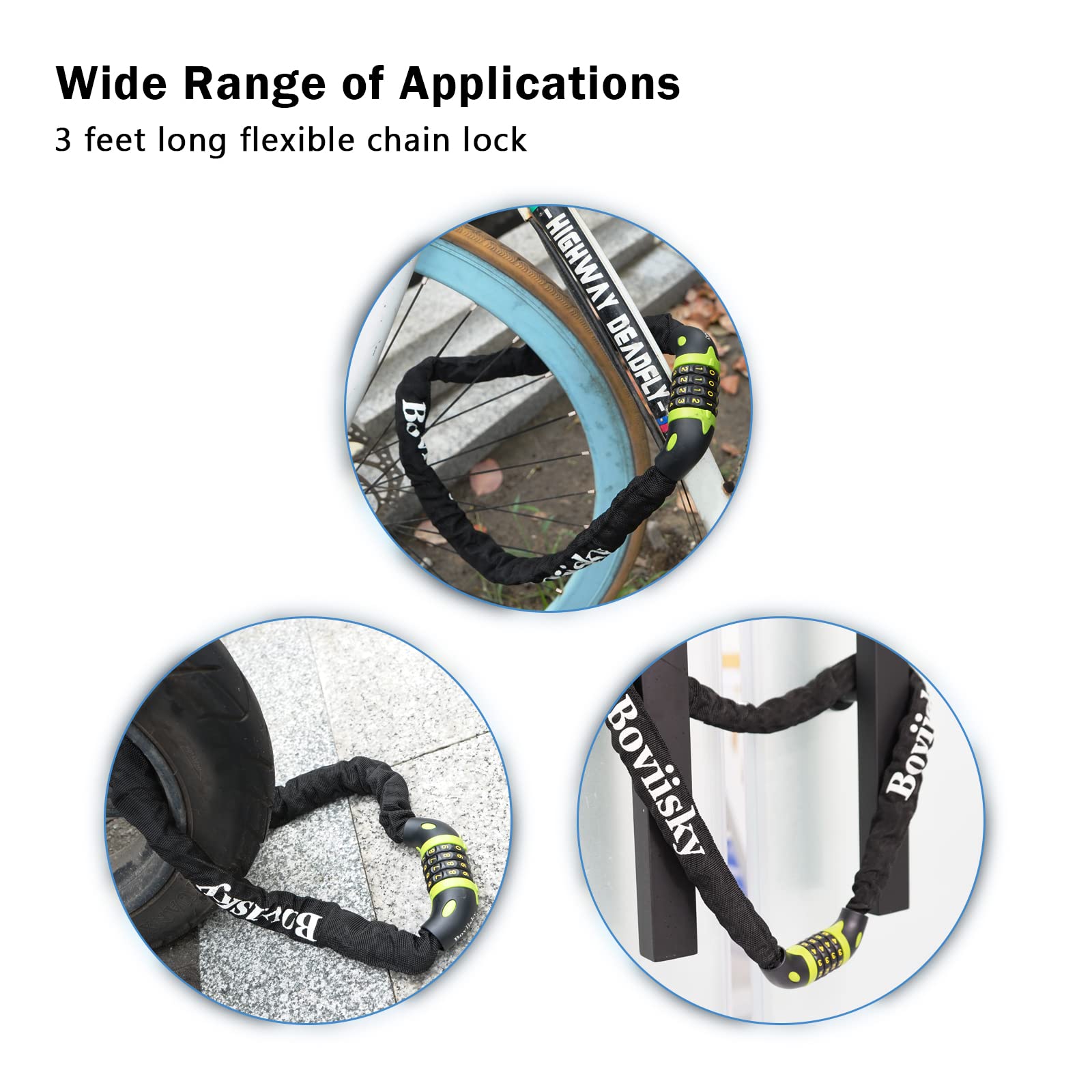 Boviisky Bike Chain Lock, 4 Digit Resettable Combination Heavy Duty Bicycle Chain Lock,3 Feet Long.