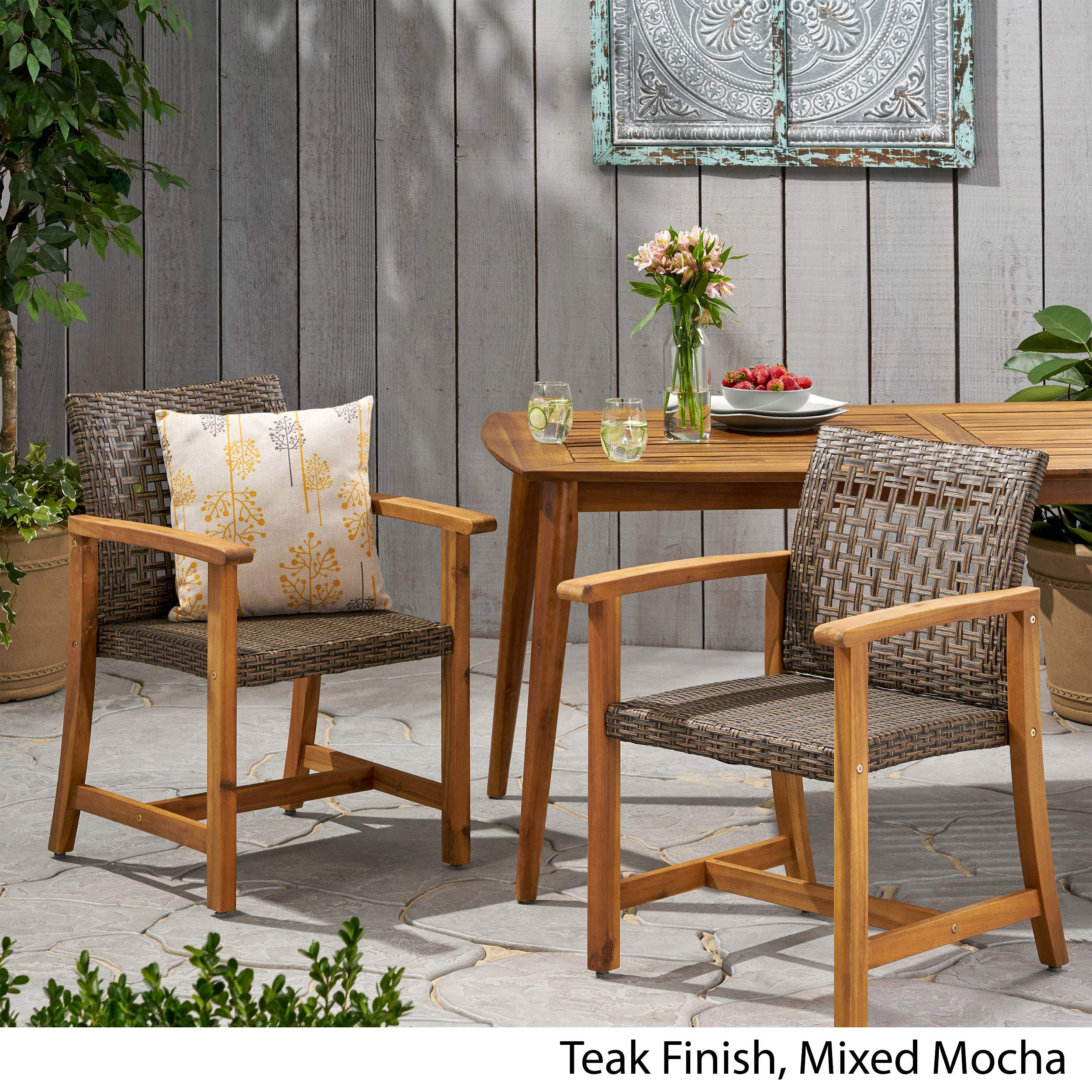 GDFStudio Outdoor Acacia Wood Dining Chair (Set of 2), Teak Finish and Mixed Mocha