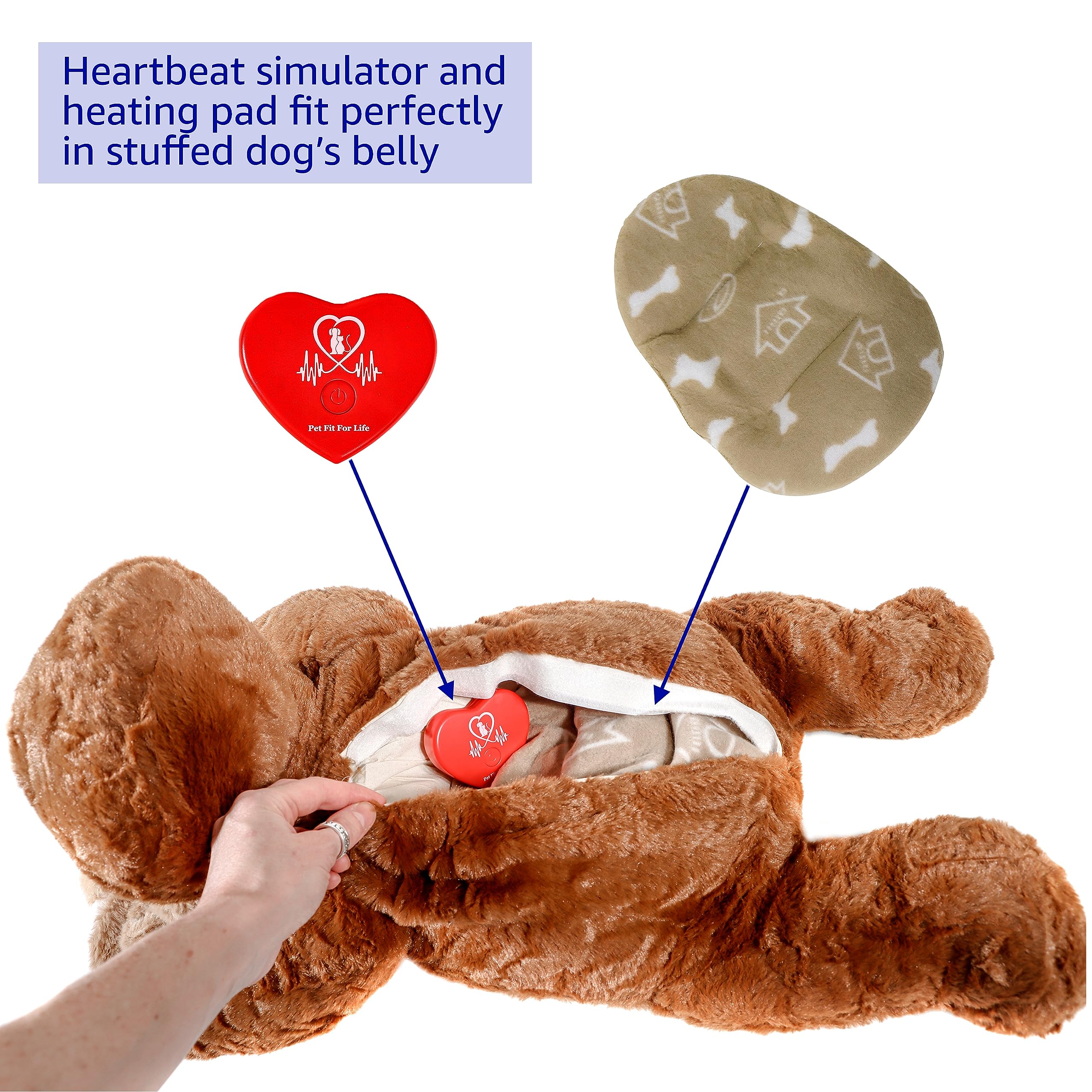 Pet Fit For Life Heartbeat Dog Toy with Heat for Calming Anxiety - Puppy Sleep Aid with USB Rechargeable Heart Beat Simulator and Reusable Heating/Cooling Pad Insert - Extra Large