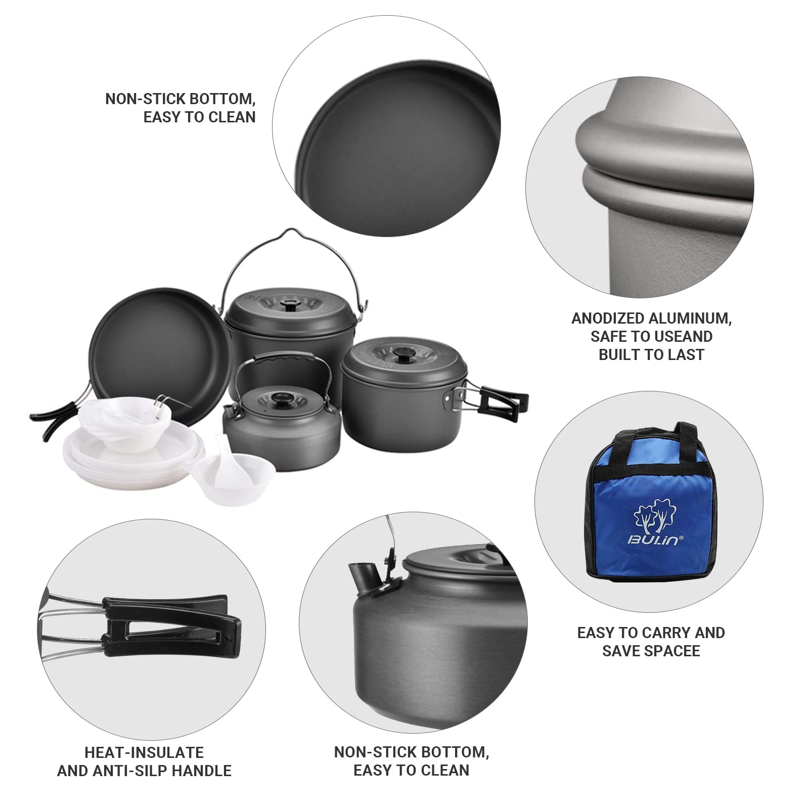 Bulin 13Pcs Camping Cookware Mess Kit, Nonstick Backpacking Cooking Set, Outdoor Cook Gear for Family Hiking, Picnic Lightweight Cookware Sets(Kettle, Pots, Frying Pan, BPA-Free Bowls, Plates, Spoon)