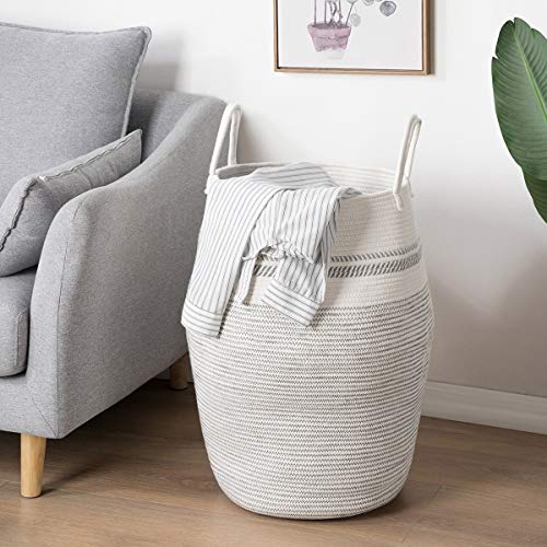 Fiona's magic Extra Large Laundry Hamper Basket, 105L Woven Tall Clothes Hamper with Long Handle for Storage Blanket, Toys and Dirty Cothes in Bedroom and Living Room, Christmas Gift, White