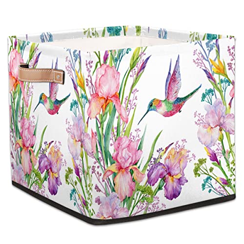 DJYQBFA Storage Basket Hummingbird Flowers Watercolor Collapsible Storage Bin with Handles Large Canvas Storage Cubes Toy Basket for Shelves Closet Nursery Cabinet Living Room Organizer 13x13x13