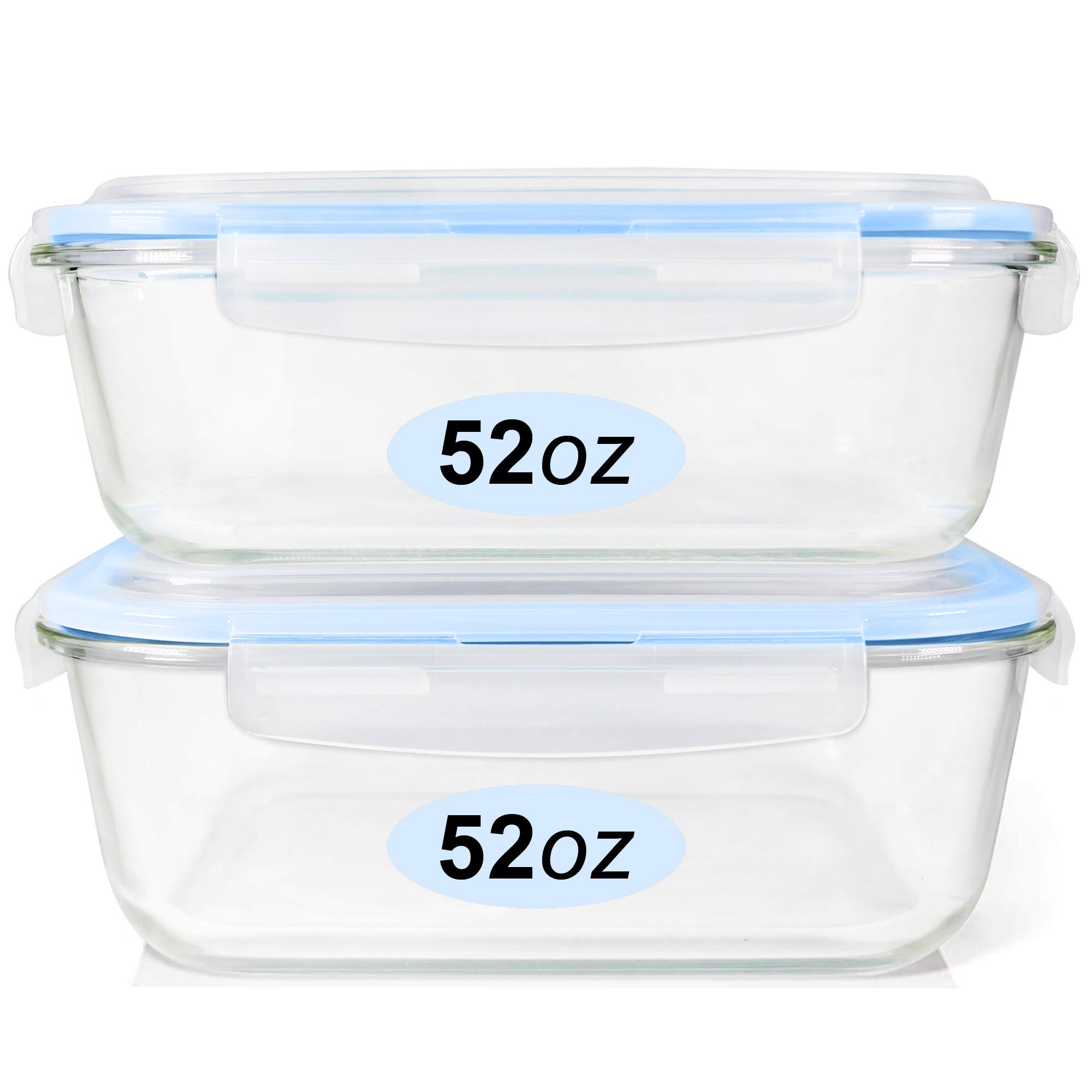 EcoEvo Glass Food Storage Containers Set, Large Size Glass Containers with Lids, BPA-free Locking lids, 100% Leak Proof Glass Meal Prep Containers, Freezer to Oven Safe (2 Pack of 52oz)