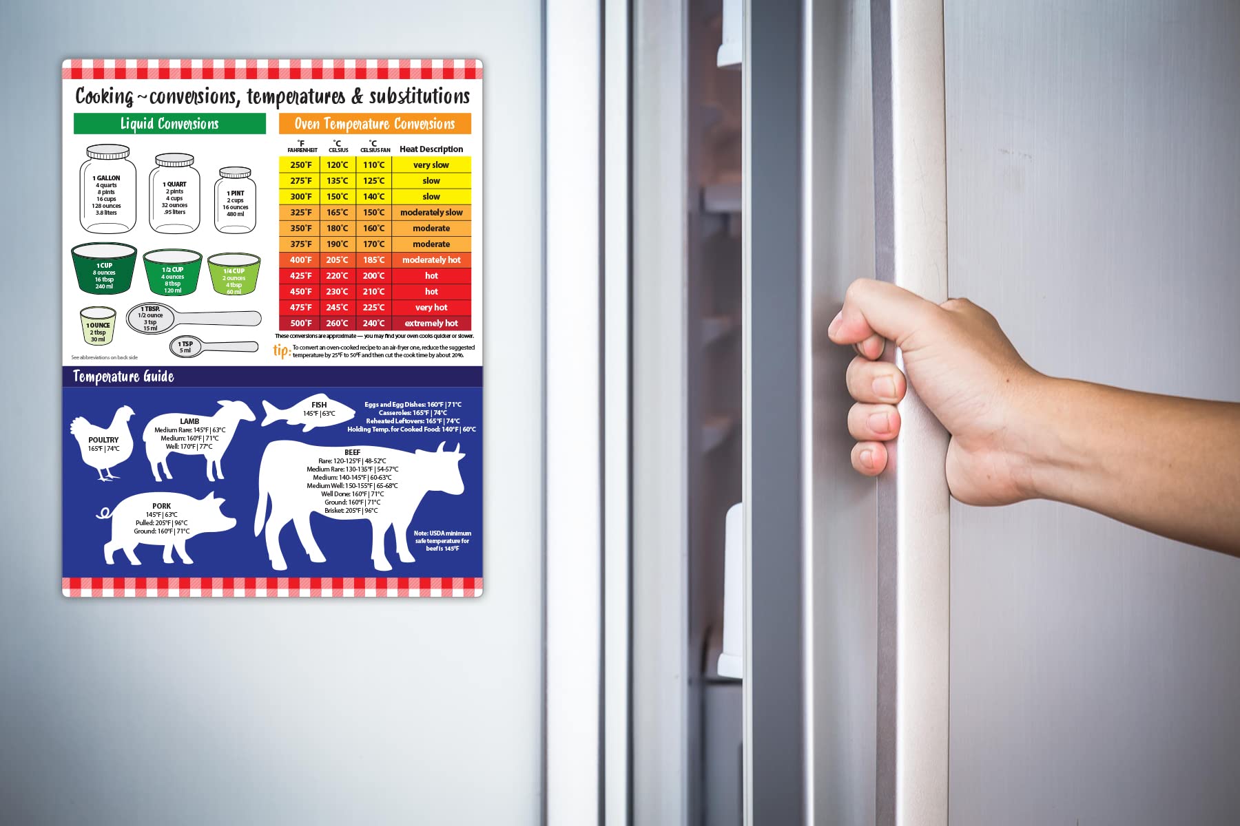 Cooking Conversion Chart Kitchen Magnet - Liquid, Dry Weight, Oven Temperature Conversions - Food, Meat Internal Temperature Guide - Ingredient Substitutions - Grain to Water Ratios - 8.5 x 11 in.