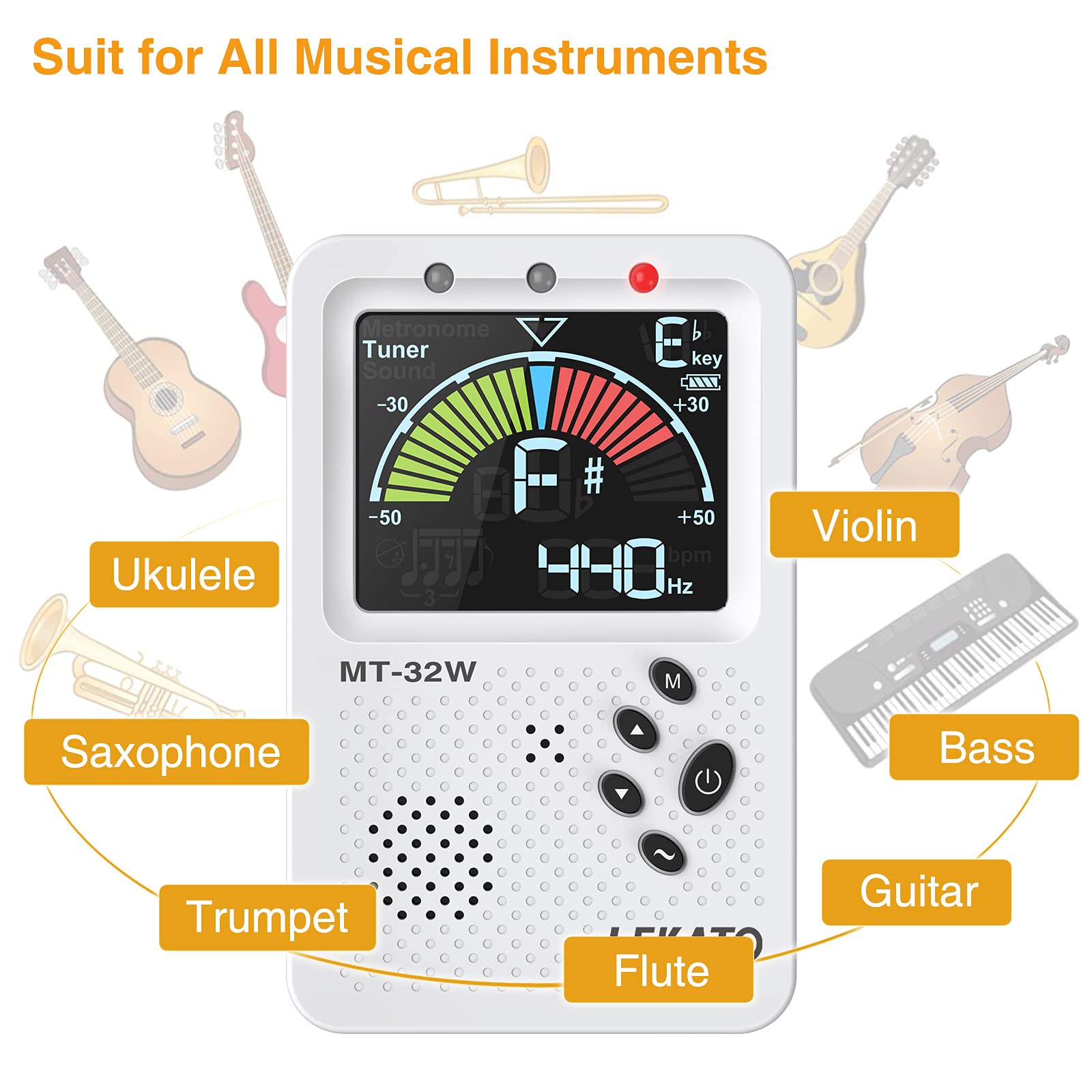 Metronome Tuner, Rechargeable 3 In 1 Digital Metronome with Vocal Count, Tone Generator Tuners for Guitar, Bass, Violin, Ukulele, Chromatic, Clarinet, Trumpet, Flute, All Instruments, White by LEKATO