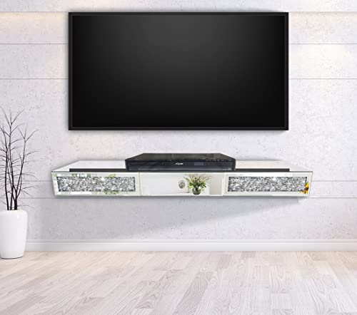 Mirrored Furniture Wall Shelf with Drawer, Crystal Diamond Floating Showcase, Silver Mirror Crushed Diamond Decorative Dressing Table, Gorgeous Bling TV Set, Wall Art Décor,31.5" L×7.9" W×3.1" H