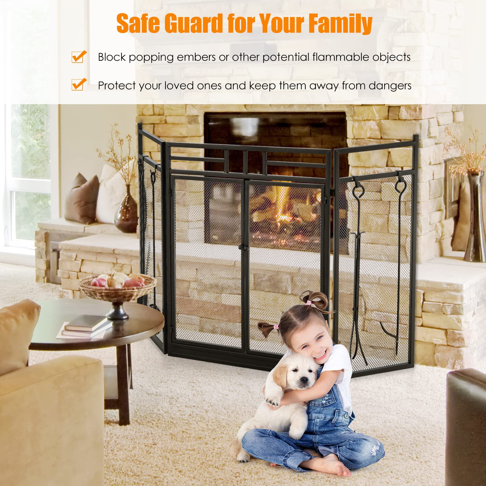 Tangkula 3-Panel Folding Fireplace Screen with Magnetic Hinged Doors, Fire Spark Guard with Fireplace Tools Set, Wrought Iron Decorative Mesh Cover with Wood Burning Stove Accessories, Black