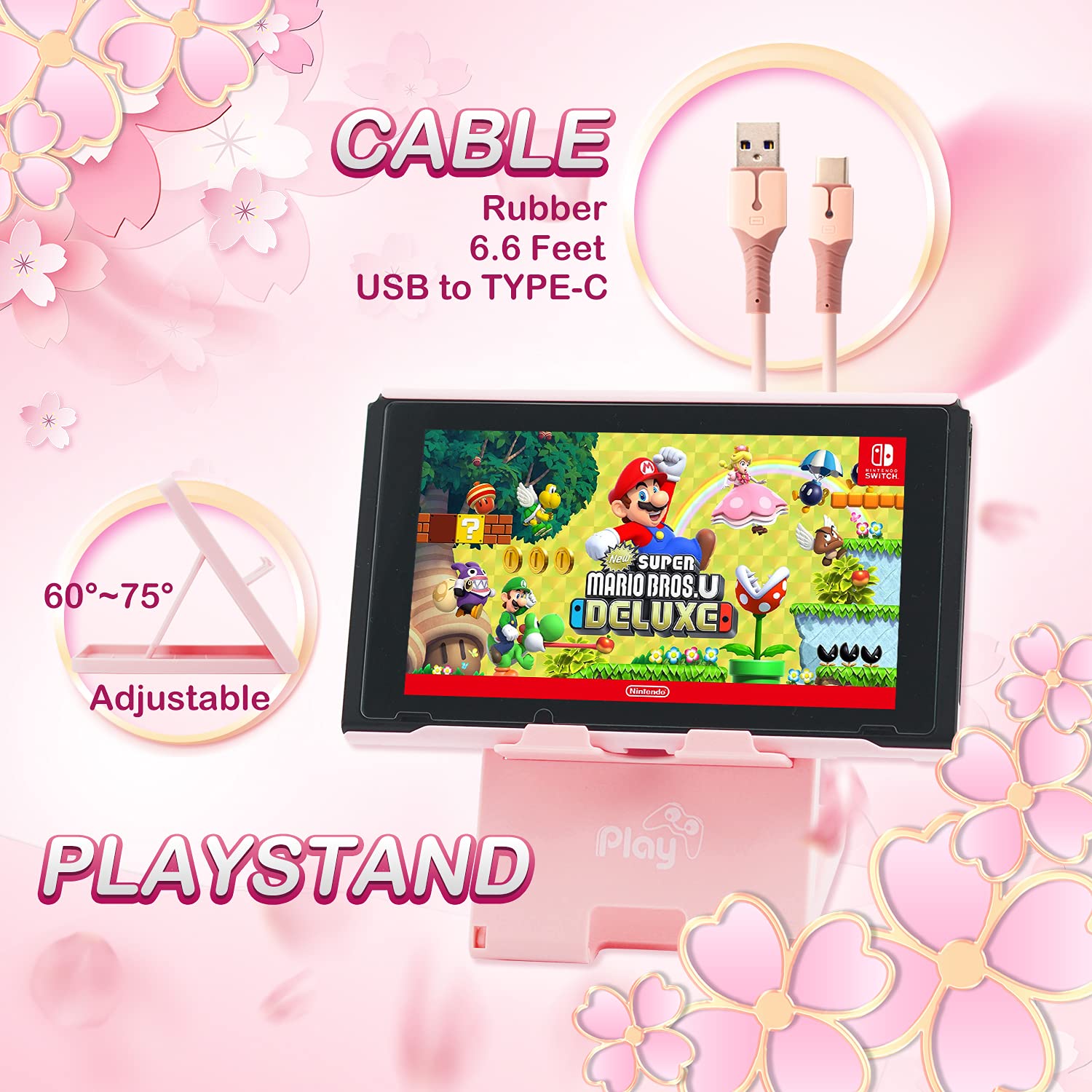 PlayM Pink Carrying Case & Accessories Bundle for Nintendo Switch, Cute Accessories Kit with Protective Cover, Screen Protector, Adjustable Stand, Game Card Case, Thumb Grips & Charger Cable for Girls