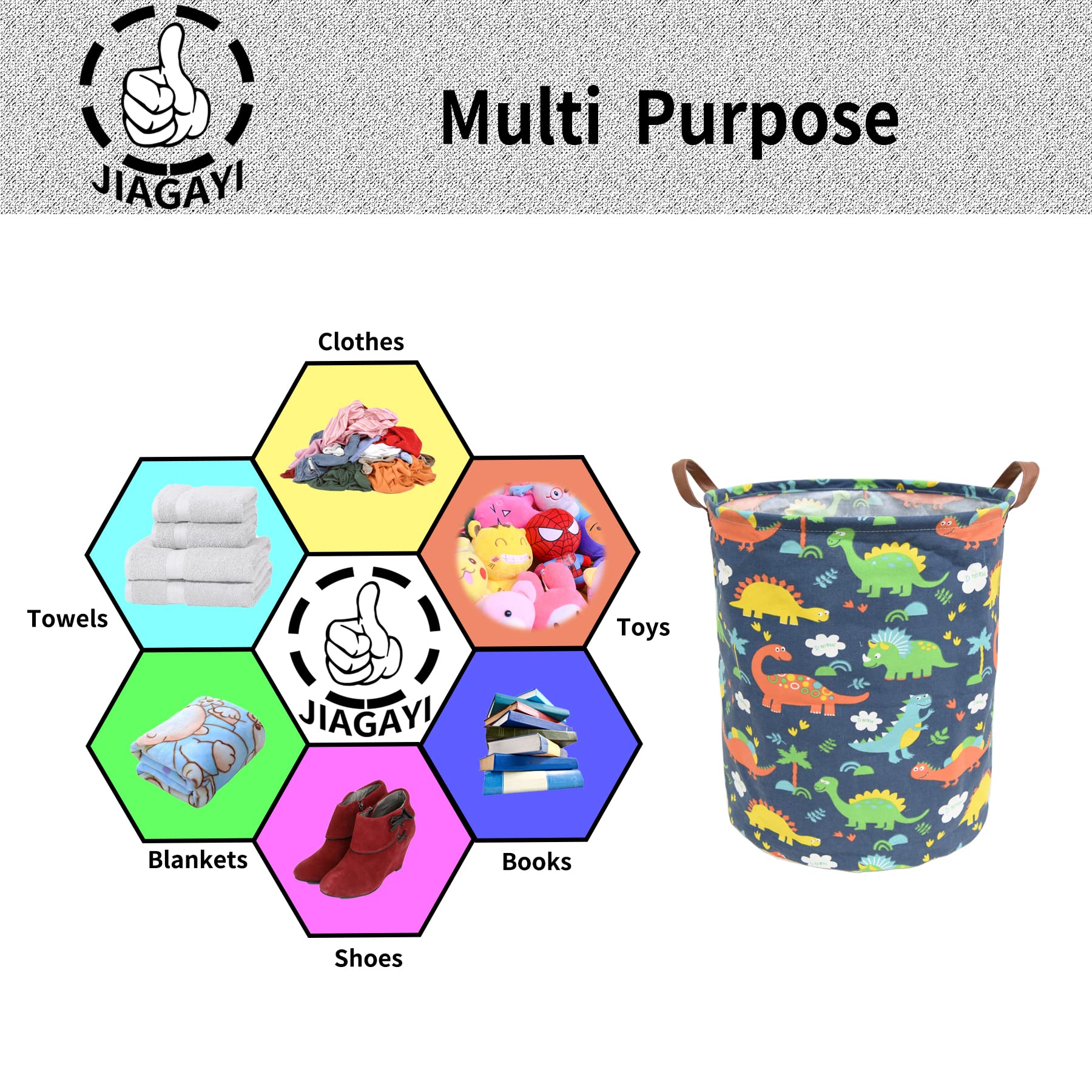 Foldable Laundry Hamper - JIAGAYI Large Round Waterproof Organizer with Handles,Home Storage,Room Toys Books Bin,Bedroom Clothes Nursery Basket.(Blue Dinosaurs)