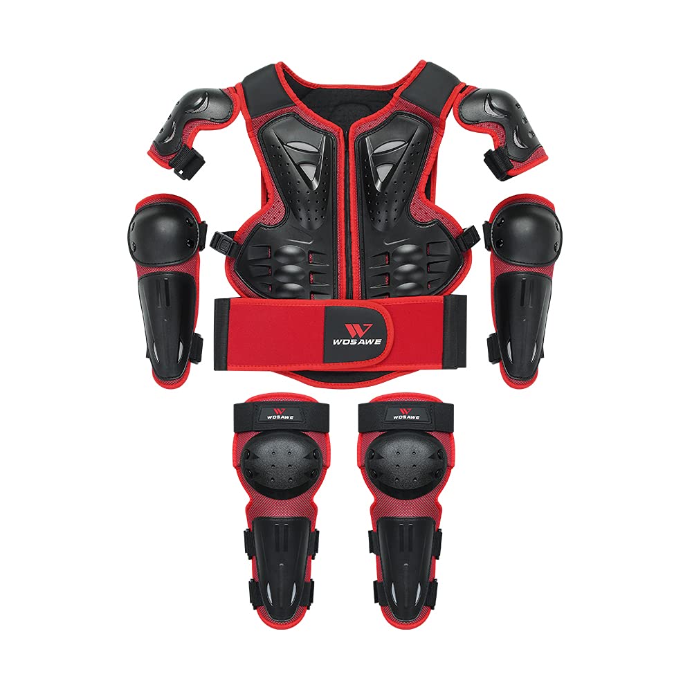 WOSAWE Kids Dirt Bike Chest Protector Skating Knee Elbow Pads Youth ATV Spine Protective Gear Kit, Red