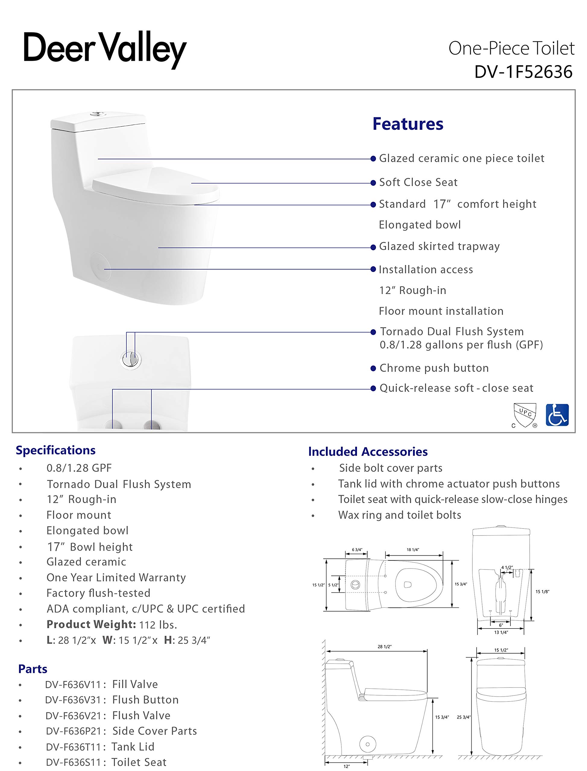 DeerValley DV-1F52636 Prism Modern Comfortable Seat Height Dual Flush Elongated One-Piece Toilet with Soft Closing Seat, High-Efficiency Supply, Luxury White Contemporary Ceramic (White)
