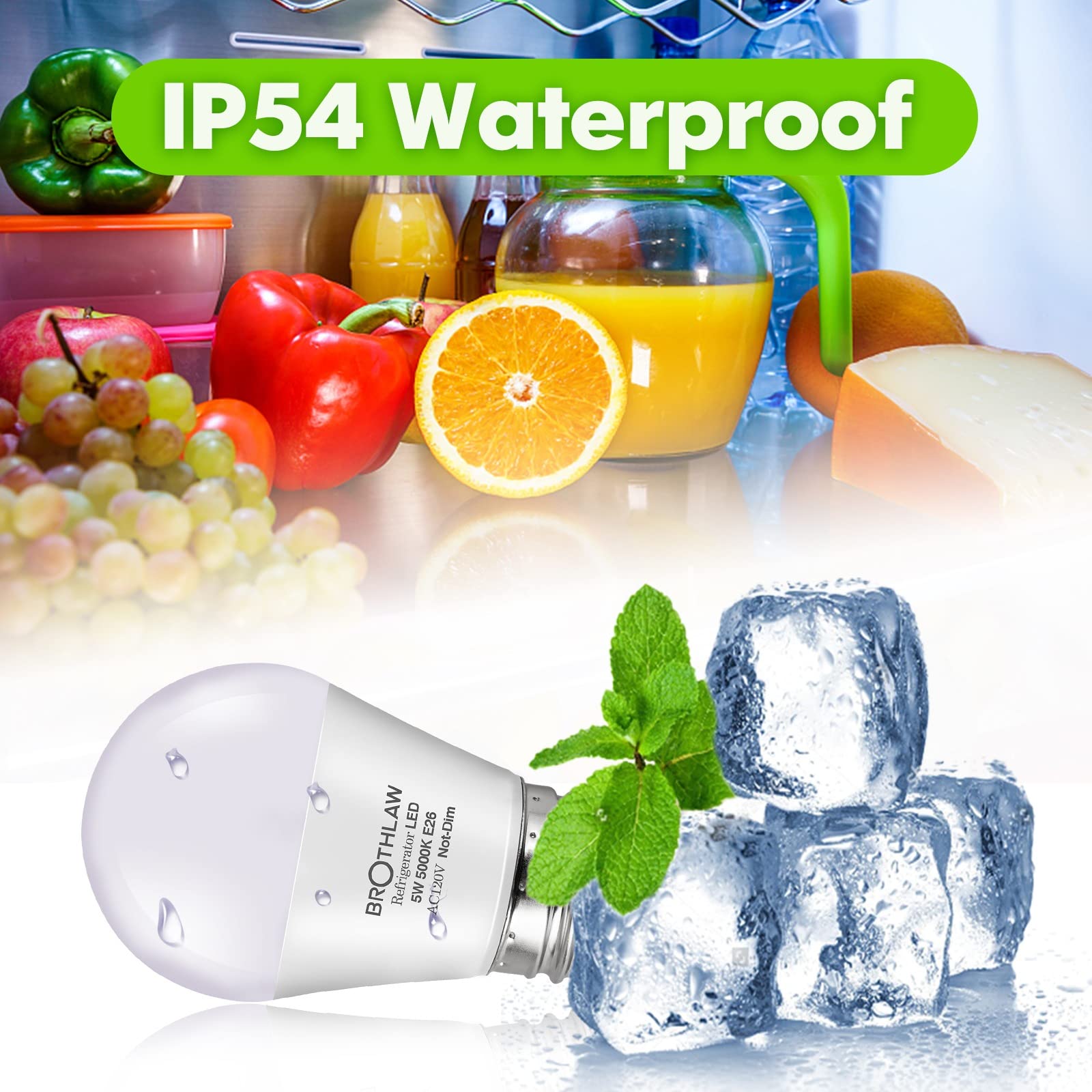 Brothlaw LED Refrigerator Light Bulb, 40 Watt Equivalent Waterproof Freezer Light Bulb, 120V E26 Daylight White 5W 5000K 550 Lumen, A15 Appliance Fridge Light Bulbs, 2 Pack