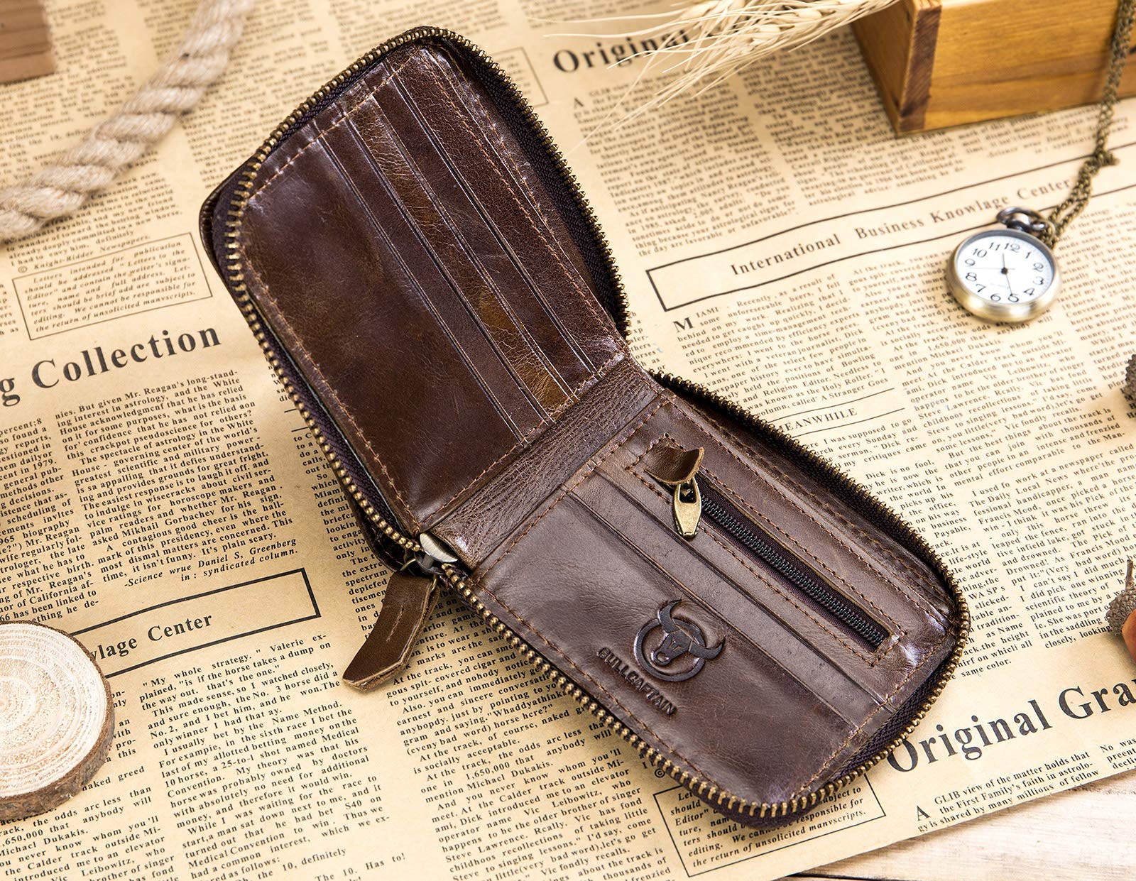 BULLCAPTAIN RFID Blocking Men’s Wallet,Genuine Leather Zip Around Vintage Multi Card Holder Zipper Wallet for Men Bifold Purse With ID Window(Brown)