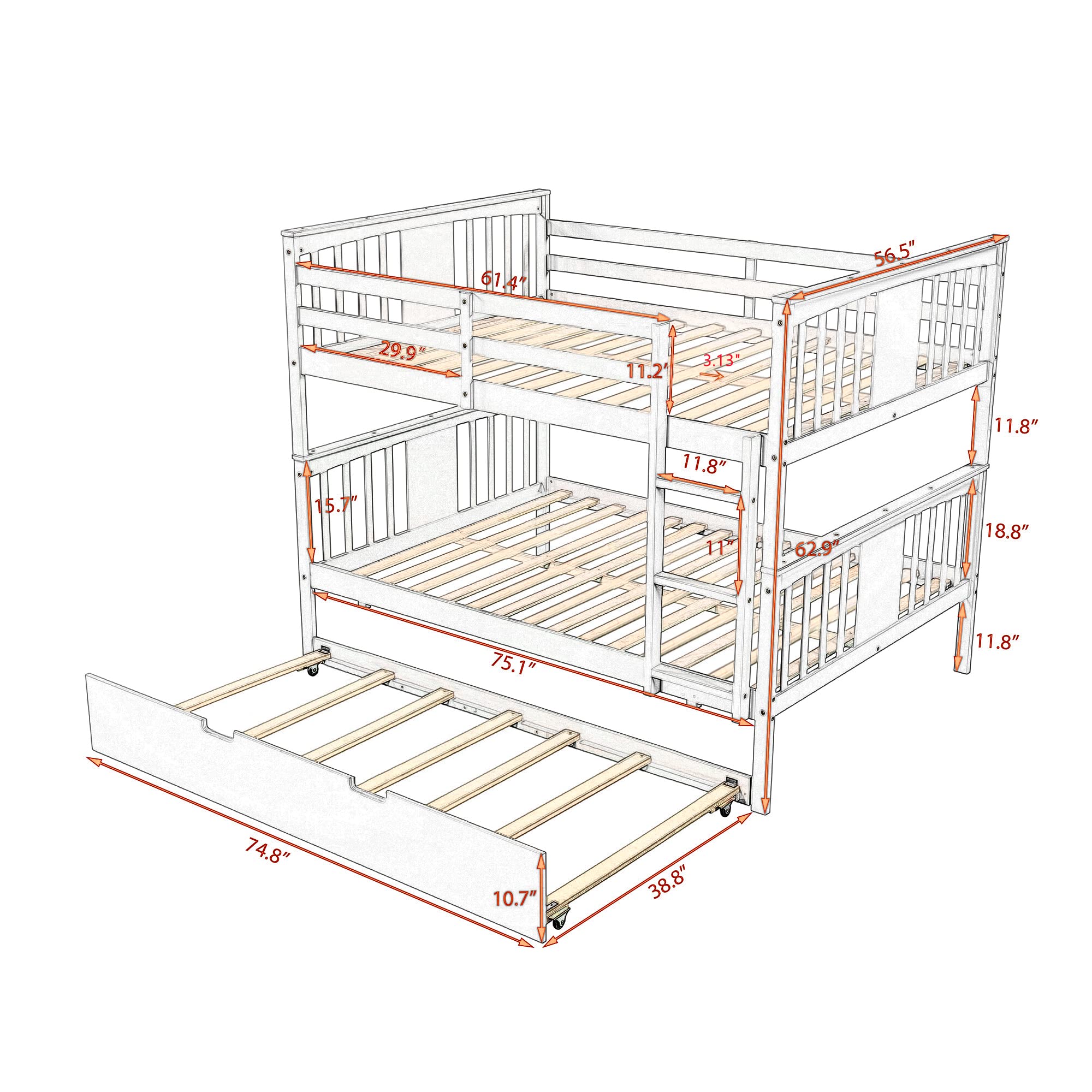 Harper & Bright Designs Full Over Full Bunk Bed with Trundle, Solid Wood Bunk Bed with Ladder for Bedroom, Guest Room Furniture – Gray