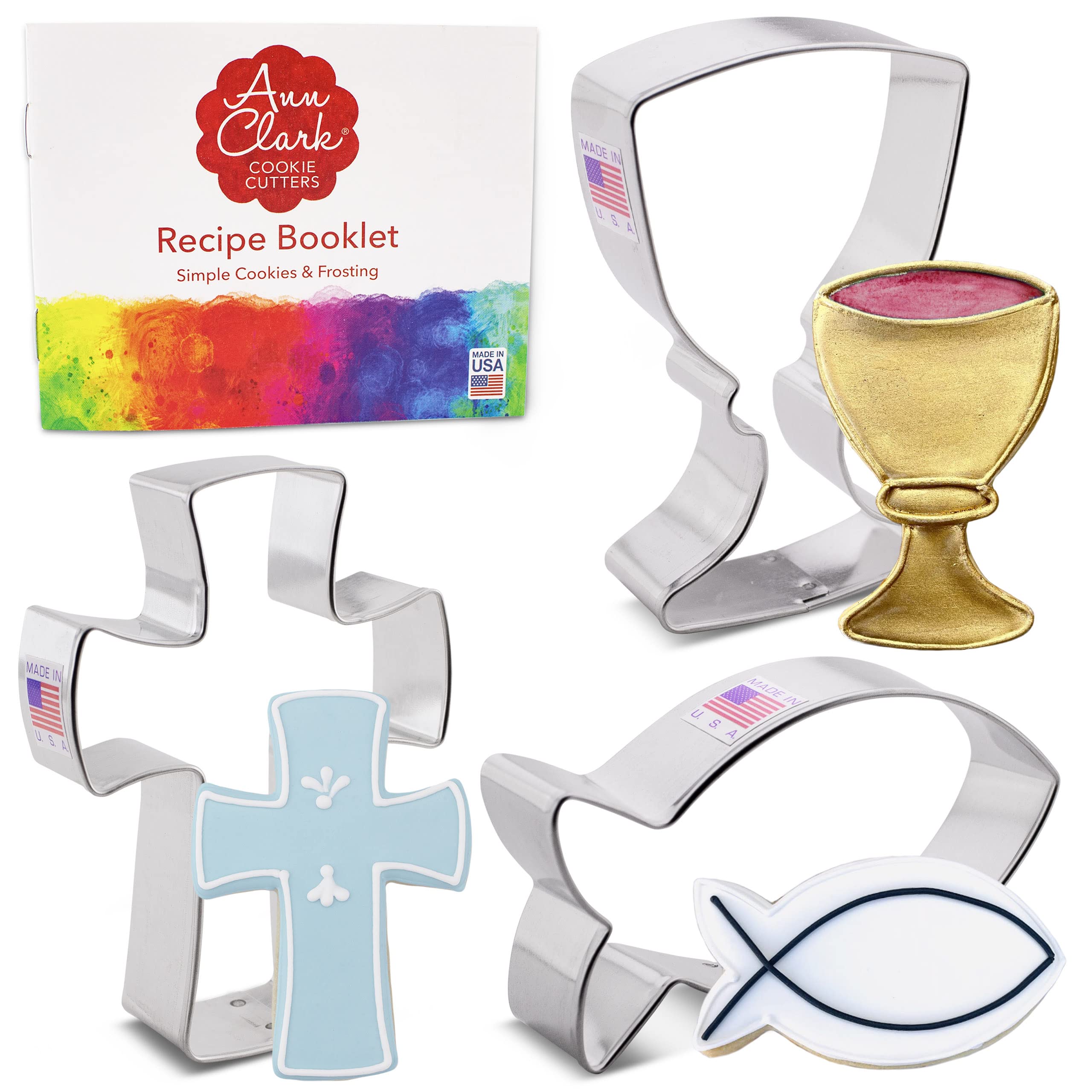 Communion Confirmation Baptism Easter Cookie Cutters 3-Pc. Set Made in the USA by Ann Clark, Chalice, Jesus Fish, Holy Cross