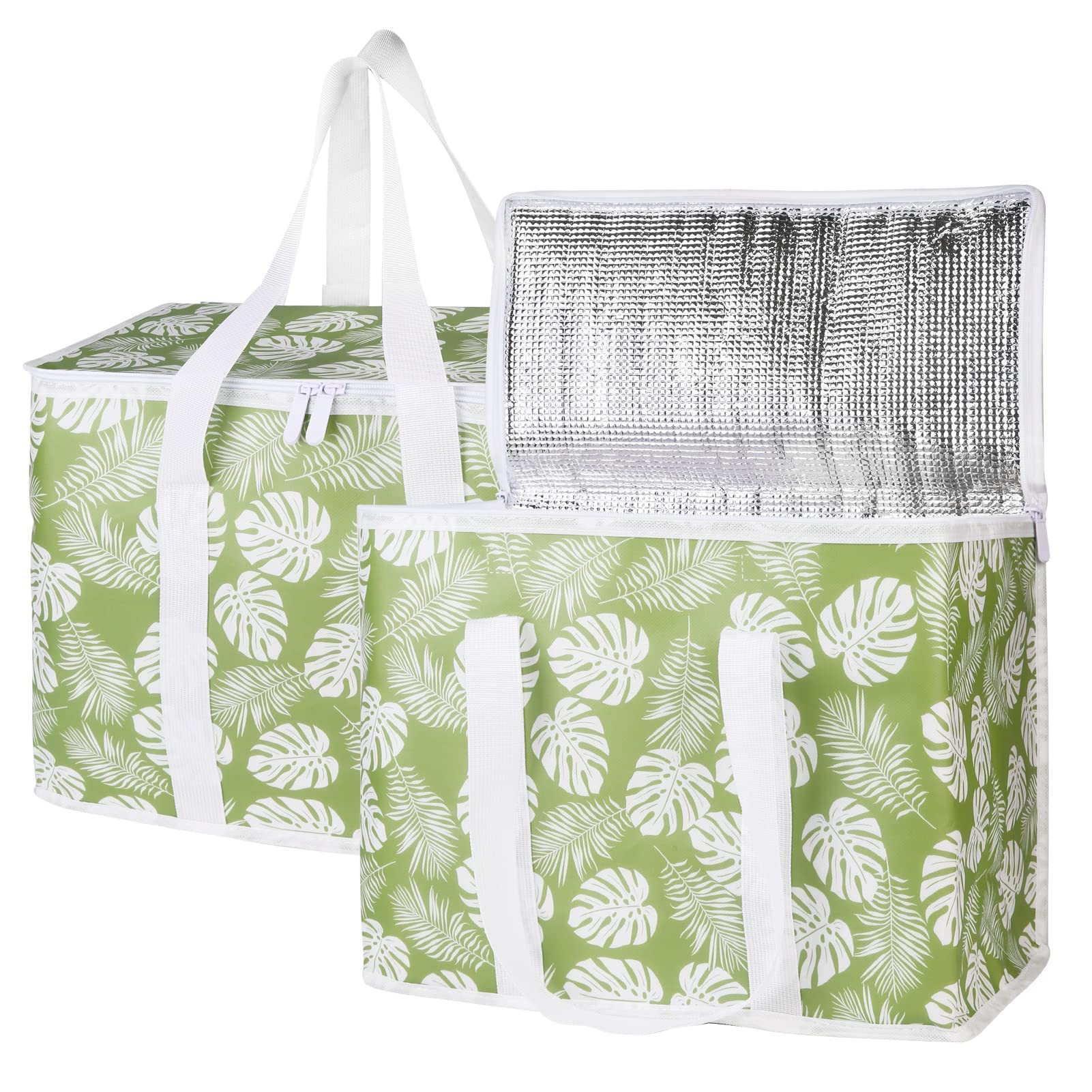 Bodaon 1-Pack Insulated Reusable Grocery Shopping Bags, X-Large Picnic Cooler Bag with Zipper Zippered Top Cold, Green-Leaf
