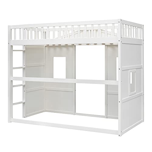 Harper & Bright Designs House Loft Bed Twin Kids Playhouse Bed, Solid Wood Loft Bed Frame with Window and Ladder, for Girls Boys (Twin Size, White)