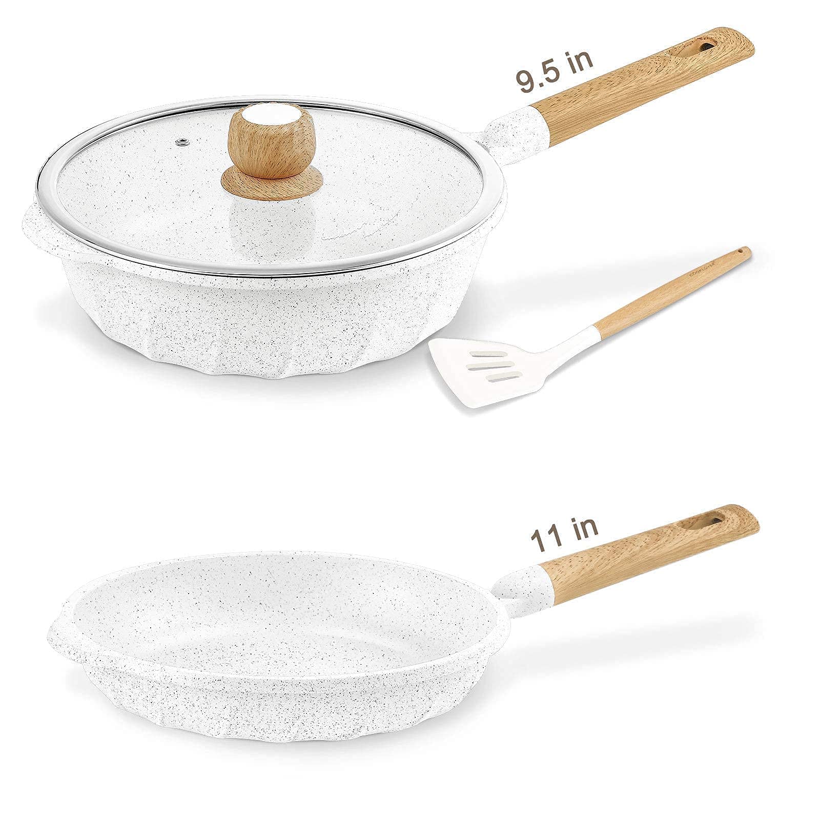 COOKLOVER Nonstick Frying Pan Induction SautΓ© Pan with Lid - 9.5 inch- White + Nonstick Frying Pan - 11inch- White