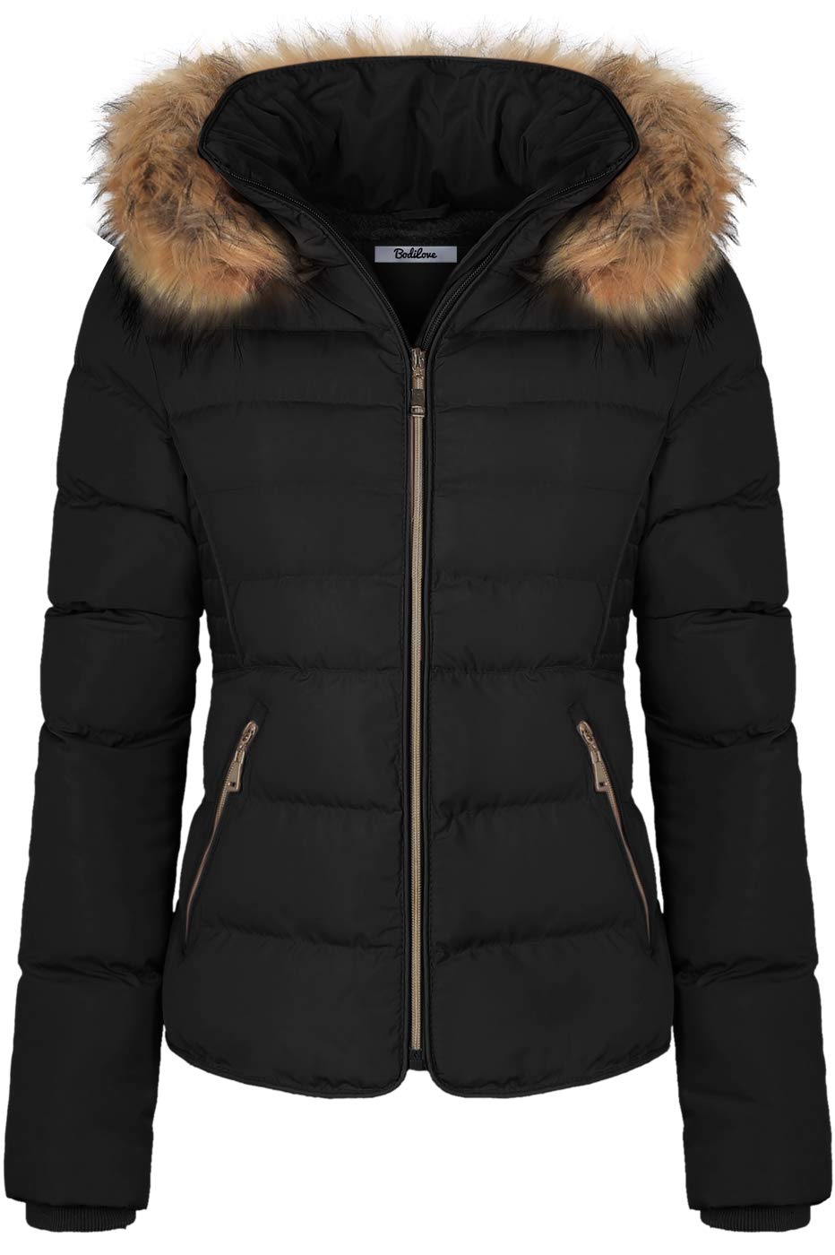 BodiLove Women's Fur Hooded Utility Jacket with Zipper and Fannel Lining Black M