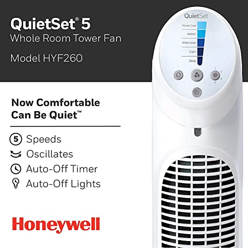 Honeywell QuietSet Oscillating Electric Tower Stand Fan 40β, Powerful and Quiet 5-Speeds with Remote Control, White - HYF260W (Renewed)