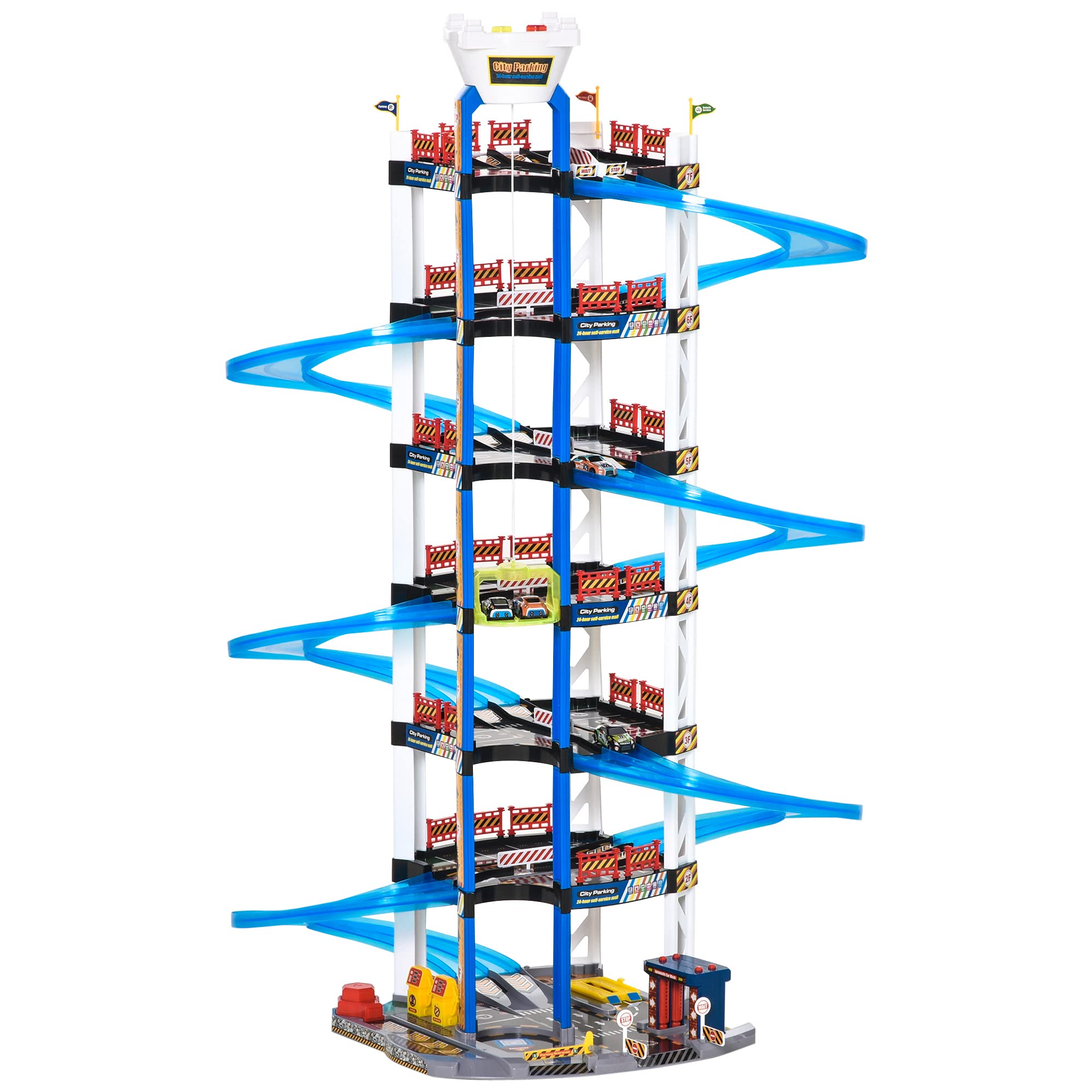 Qaba 7-Level Car Parking Garage Toy Dual Race Tracks Car Ramp Set Toddler Car Games 102 PCS w/Electric Elevator Wash, Gas, Ejector & Car Repair Station Metal Cars for 3-6 Years Old