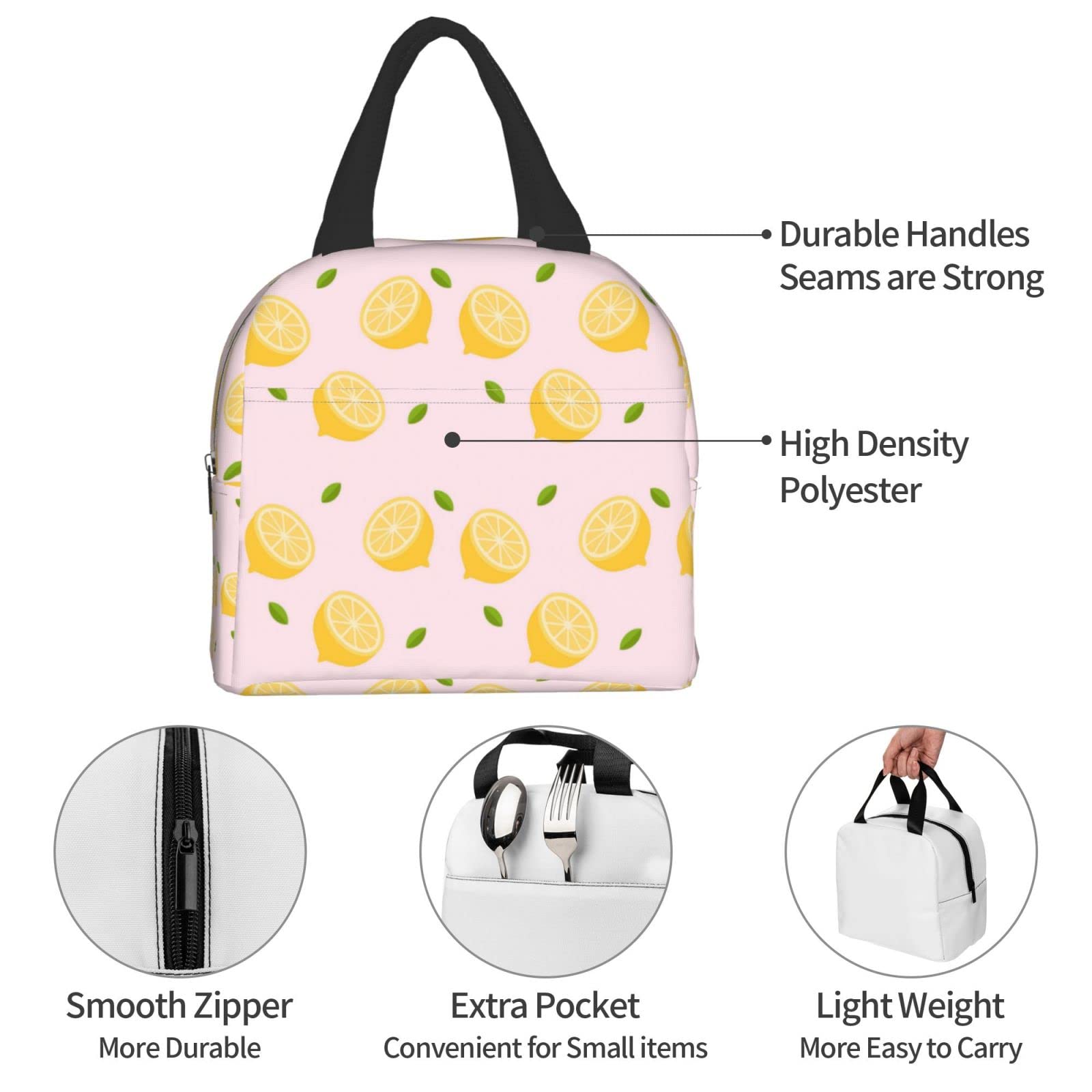 carati Cut Lemon Pink Pattern Lunch Bag, Waterproof, Dirt-Resistant, Lightweight, With Zipper, 8x5 Inch