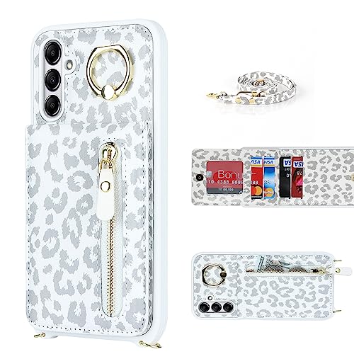 Jaorty Samsung Galaxy A14 5G Phone Case for Women with Card Holder,Crossbody Phone Case for Samsung Galaxy A14 with Strap Lanyard,Credit Card Slots Kickstand Case with Ring Holder,White Leopard