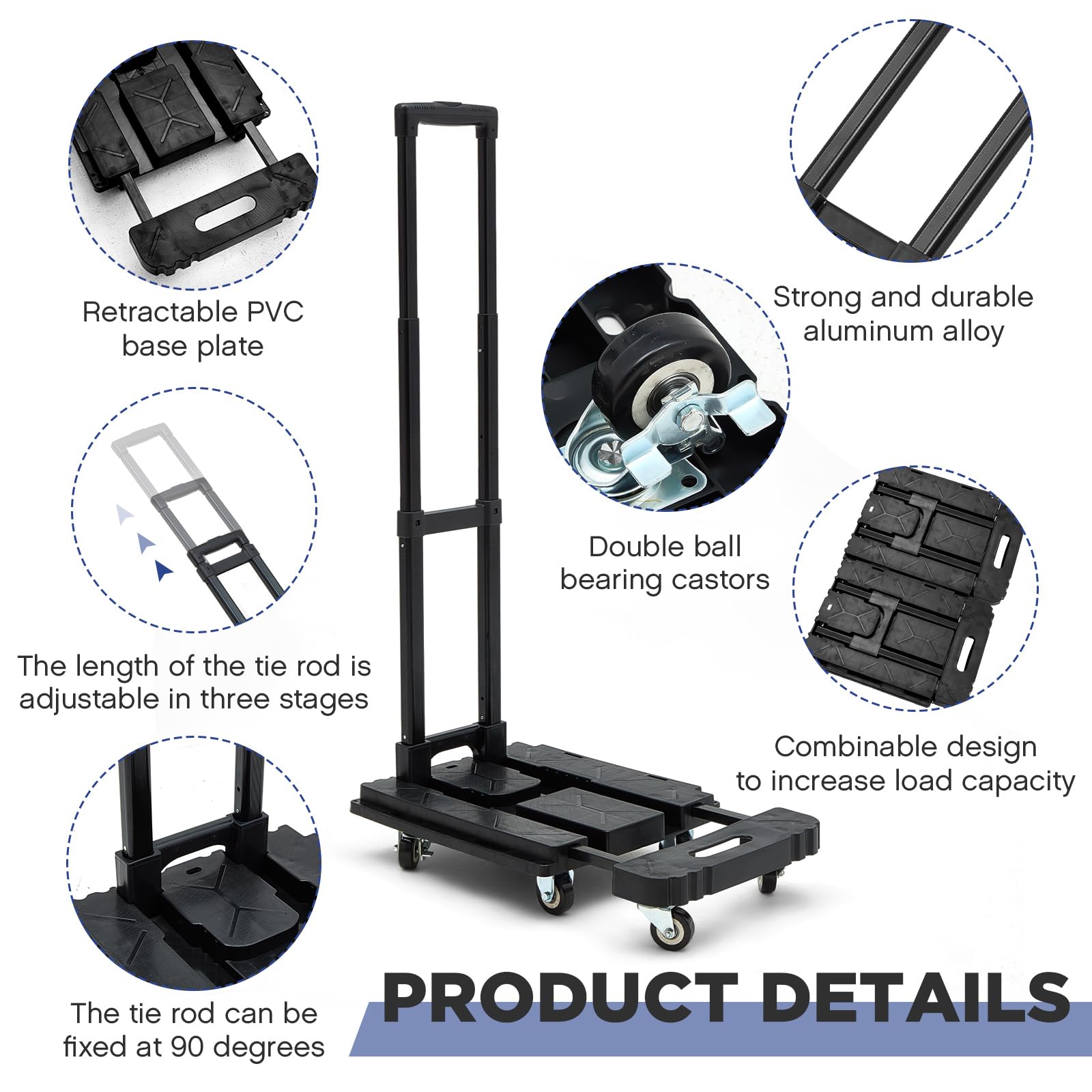 Datanly 2 Pcs Combinable Folding Hand Truck Dolly Cart 660 lb Portable Heavy Duty Dolly Cart with 6 Rotate Wheels 2 Bungee Cord Adjustable Handle Moving Platform for Luggage Travel Shopping Office