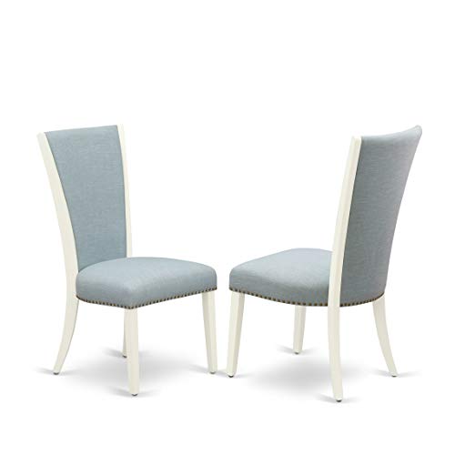East West Furniture VAVE9-LWH-15 Vancouver 9 Piece Set Includes an Oval Dinner Table with Butterfly Leaf and 8 Baby Blue Fabric Parson Dining Chairs, 40x76 Inch, Linen White