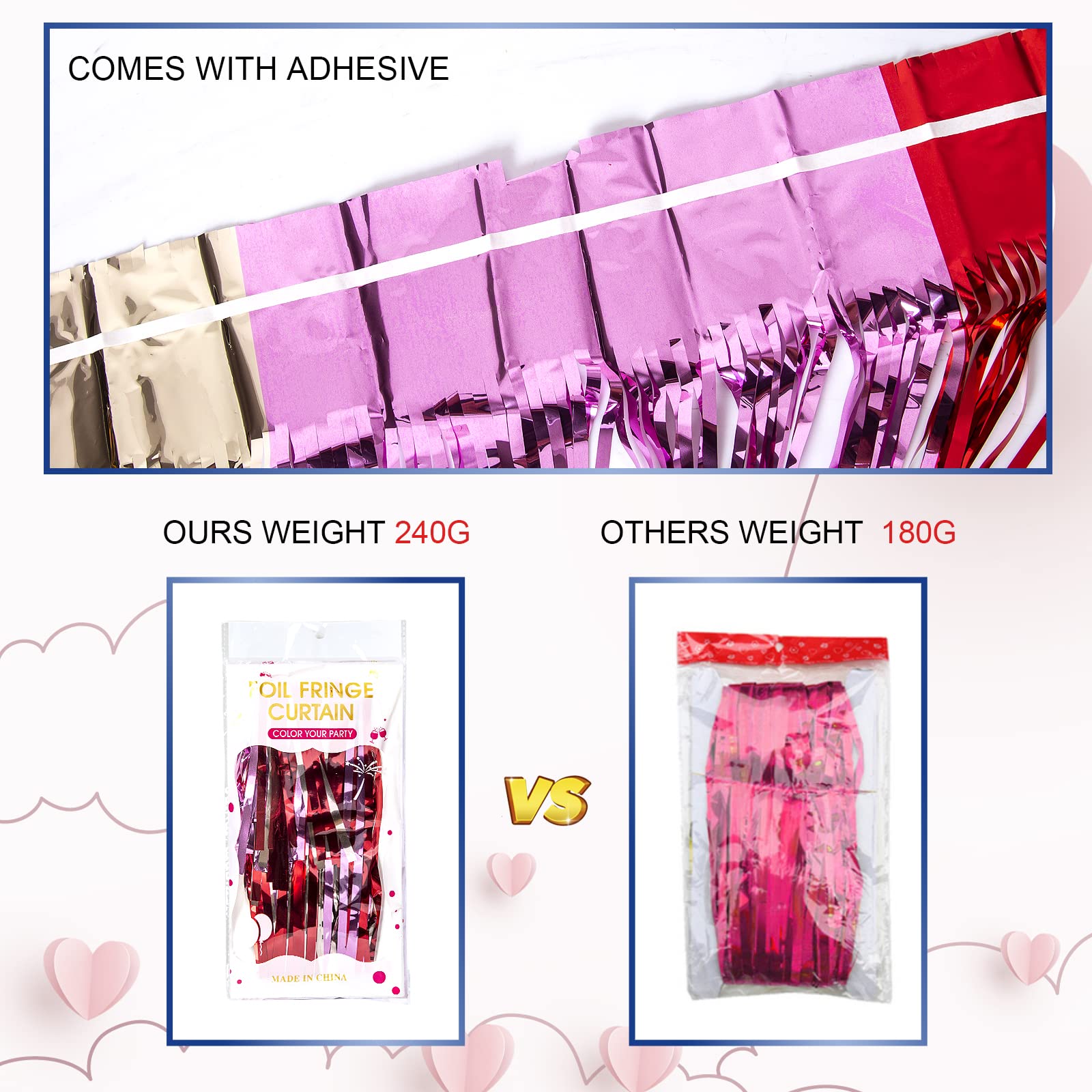 LOLStar 3 Pack Valentine's Day Photo Booth Props Valentines Day Party Decorations 3.3X6.6 ft Red Pink and Champagne Gold Foil Fringe Curtains Backdrop Streamers for Valentine's Day Decor