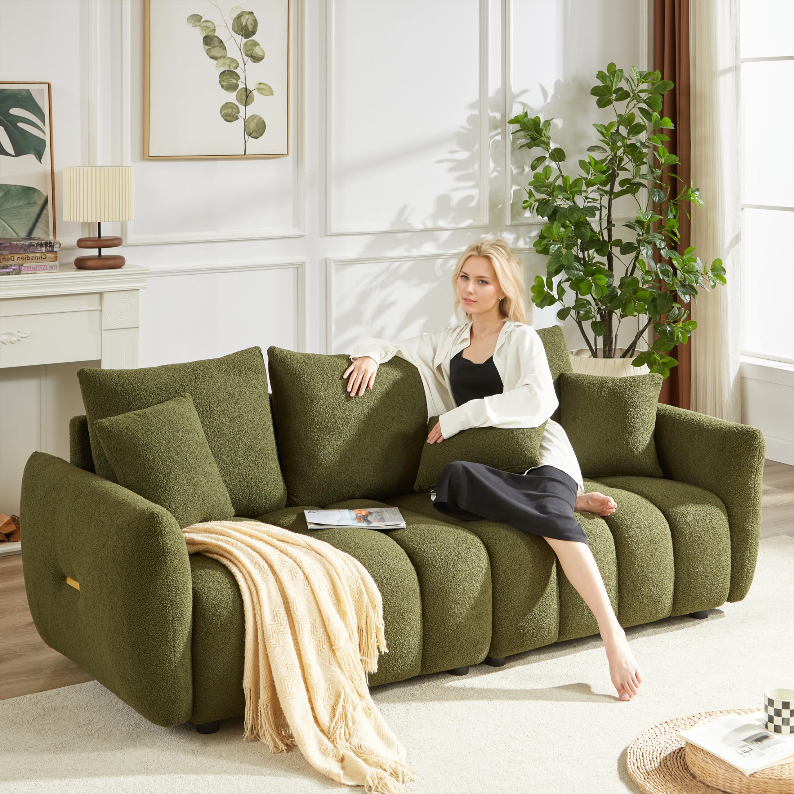 Wrofly 82" Teddy Cloud Sofa Couch, Comfy Upholstered Sherpa Deep Seat Boucle Sofa, Cozy Modern 3 Seater Couch with 3 Pillows, Oversized Loveseat for Living Room Apartment Office, Olive Green