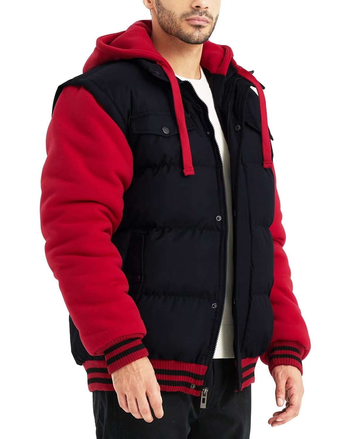BEST SOUTH Men's Hooded Winter Coats Water Resistant Warm Thicken Insulated Full Zip Windproof Jackets with Pockets Black Red XXXL