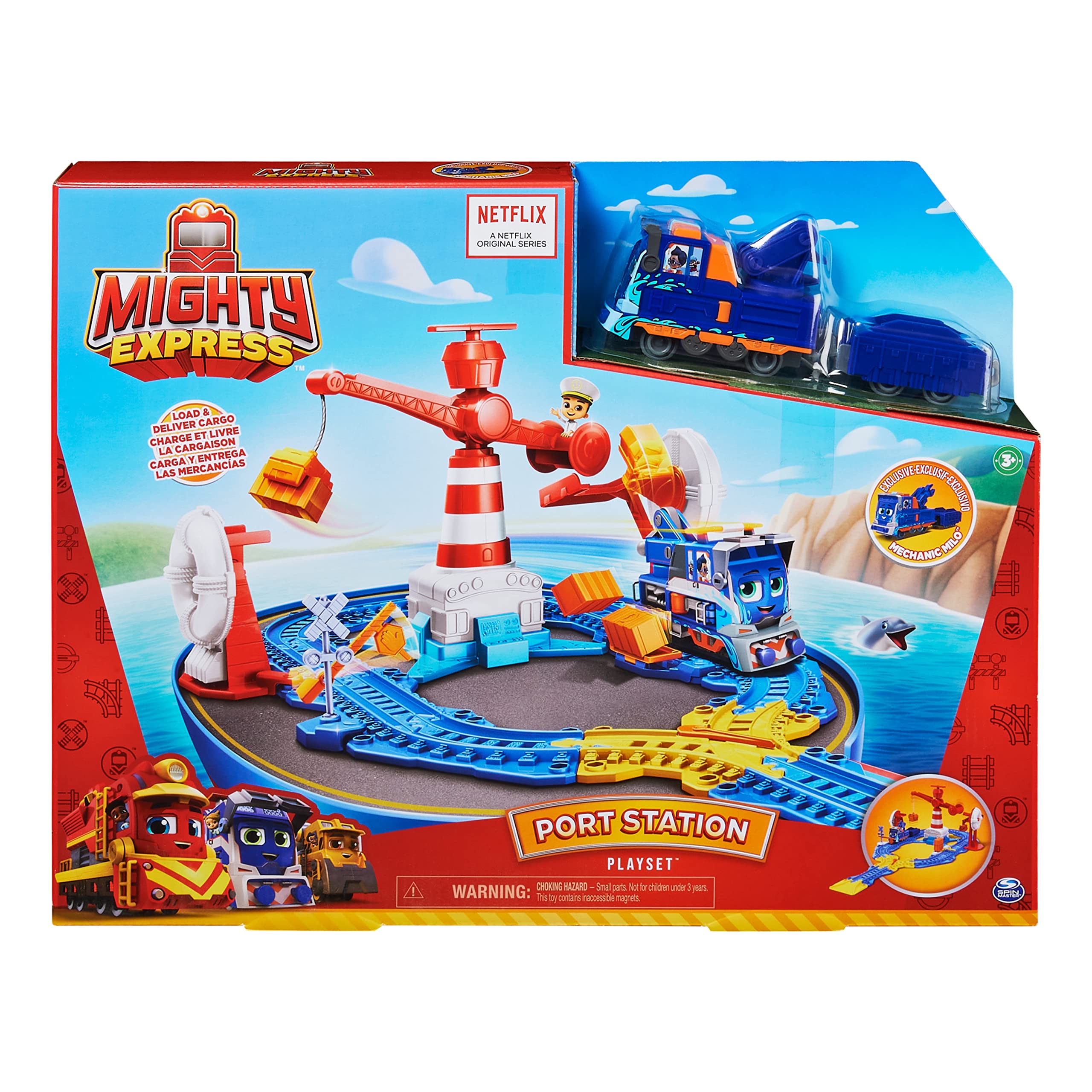 Mighty Express, Port Station Playset with Exclusive Mechanic Milo Toy Train and Magnetic Crane
