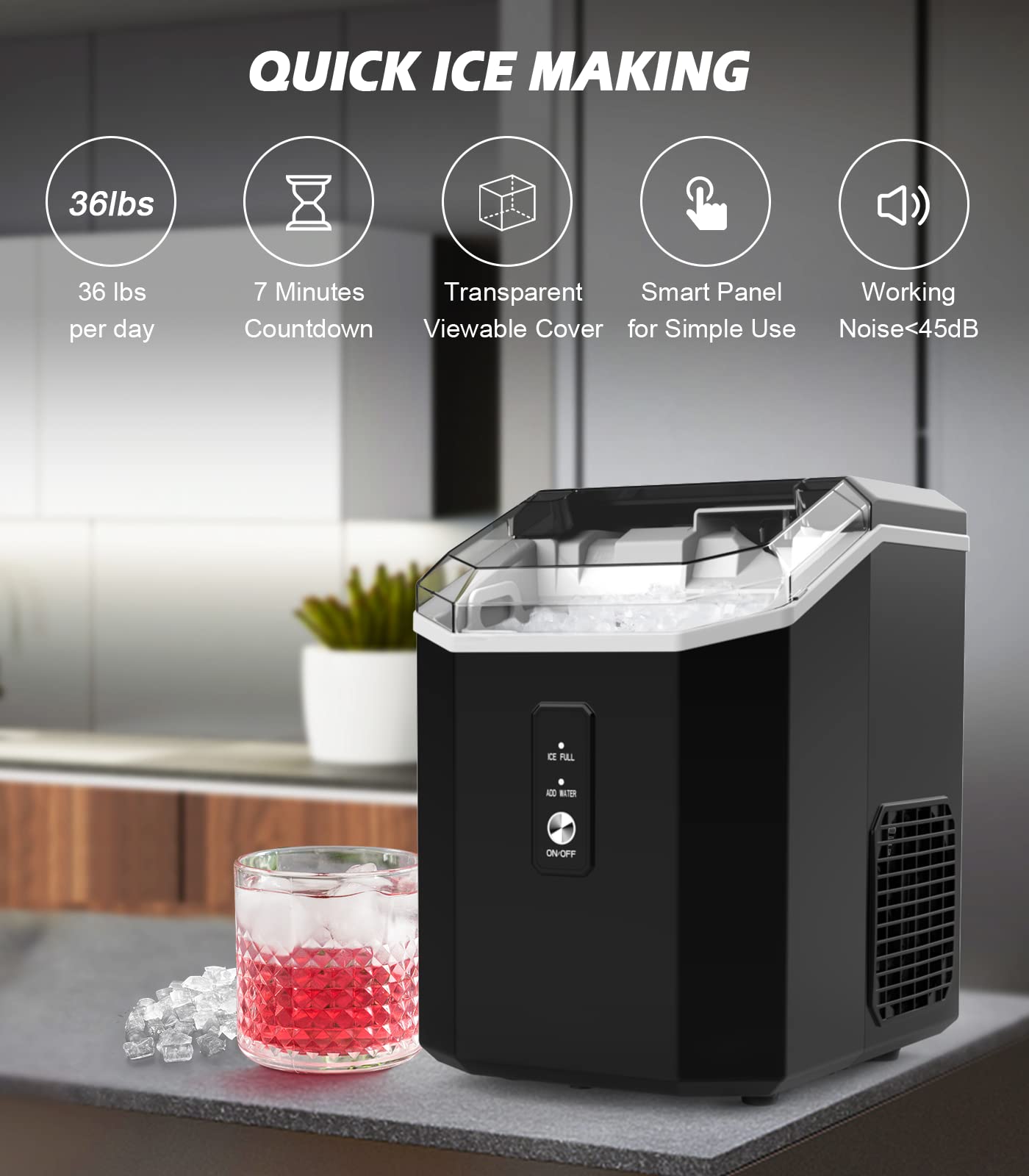 FOOING Nugget Ice Maker Countertop, Crushed Chewable Maker, Self Cleaning Makers with One-Click Operation, 34Lbs/24H, Pebble Portable Machine Scoop for Home Bar Camping RV