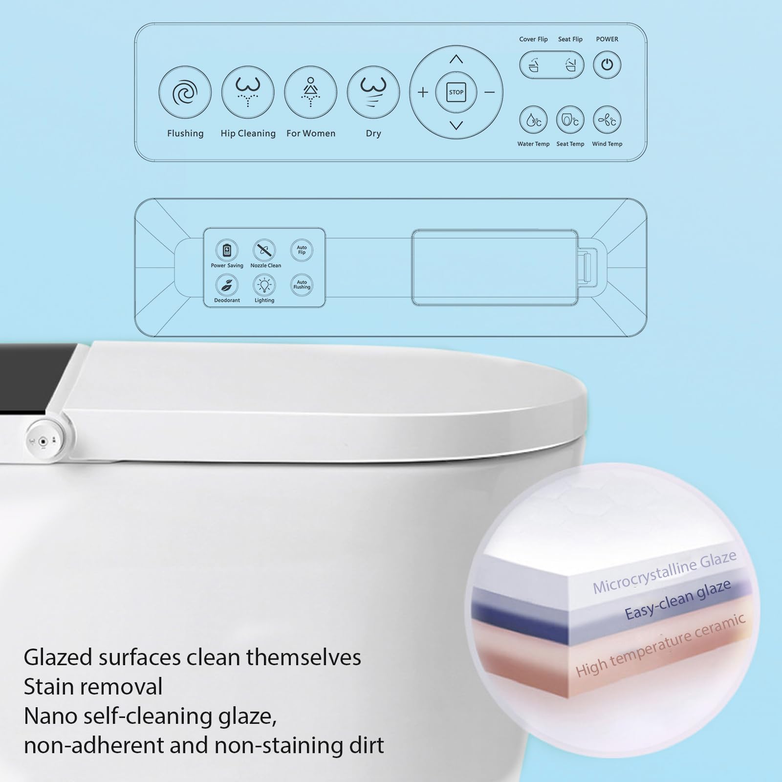 BWE Smart Toilet With Bidet Built In with LED Digital Display, One-piece Bidet Toilet Seat, Auto Flush, Auto Open & Auto Close, Heated Seat, Warm Water and Dry, Wireless Remote Control, Foot Sensing