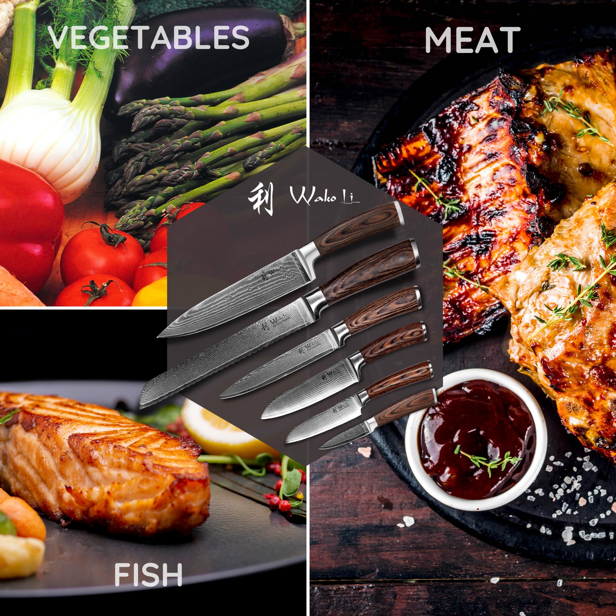 Wakoli Damascus Kitchen Knife Set, 6 Pieces Professional Chef Knife Set made from 67 Layers of Damascus Steel with VG10 Core, Knives Set for Kitchen with Pakkawood Handles in Gift Box (EDIB 6-pcs)