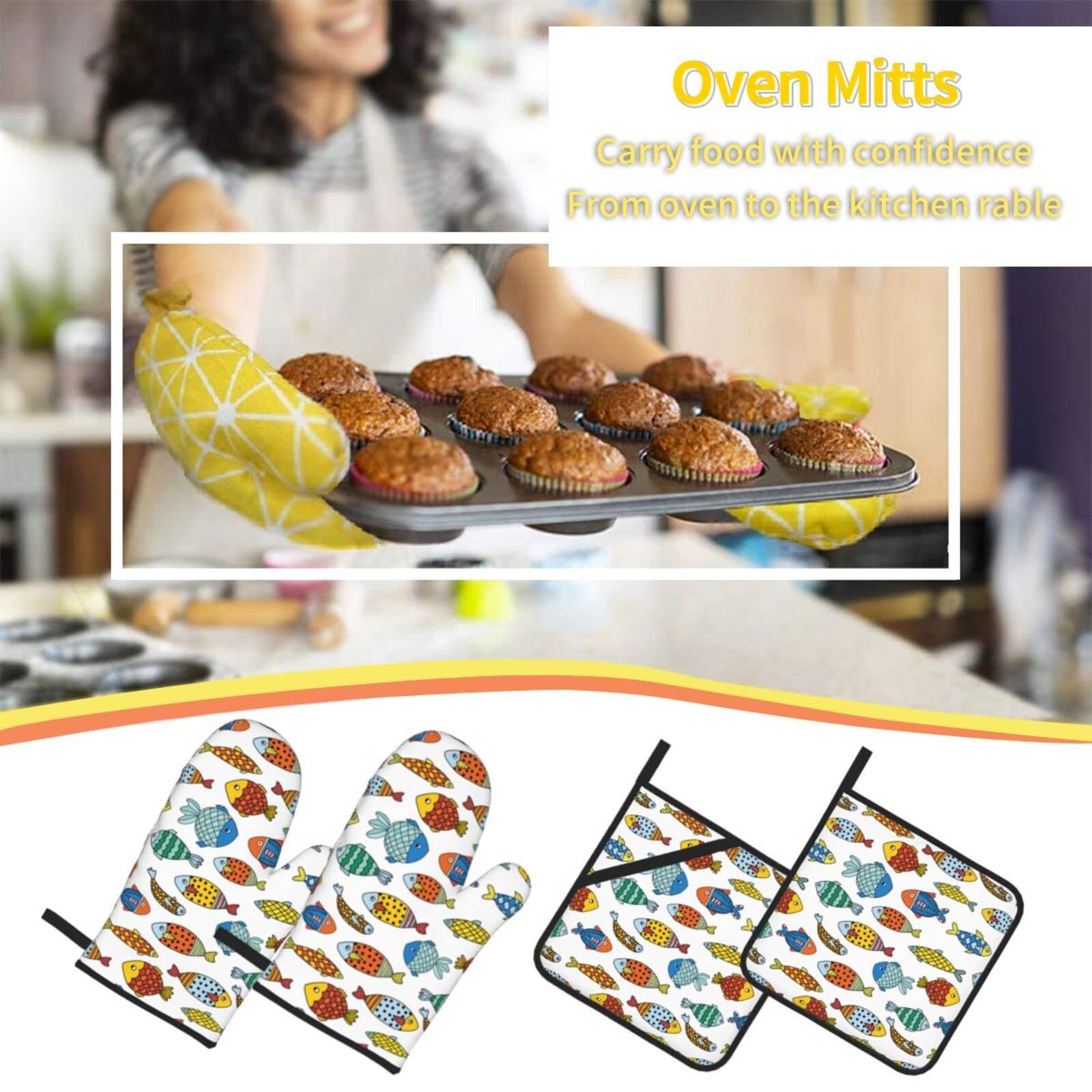 Colorful Fish Oven Mitts and Pot Holders Set of 4, Oven Mittens and Potholders Heat Resistant Gloves for Kitchen Cooking Baking Grilling BBQ