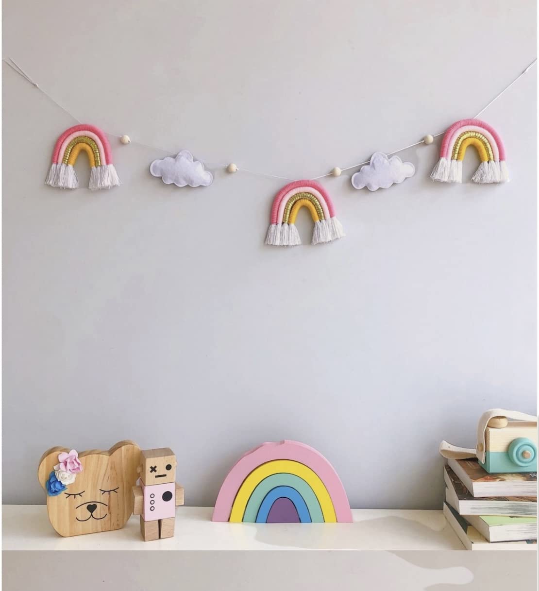 JUJOBEE Boho Rainbow, Clouds, Wooden Bead Wall Decor 4ft. Garland Tapestry, Nursery Wall Decor, Baby Decor, Wall Decor, Boho Rainbow Decor, Classroom Decor (Pink Theme) PINK, BLUE, NEUTRAL GRAY