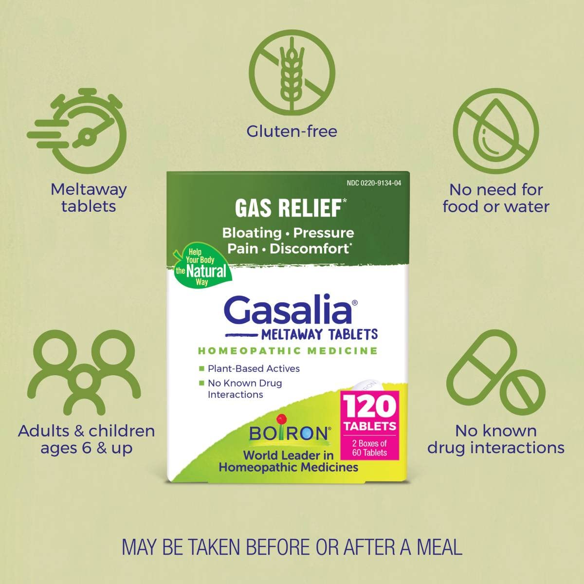 Boiron Gasalia Tablets for Relief from Gas Pressure, Abdominal Pain, Bloating, and Discomfort - 120 Count (2 Pack 60)