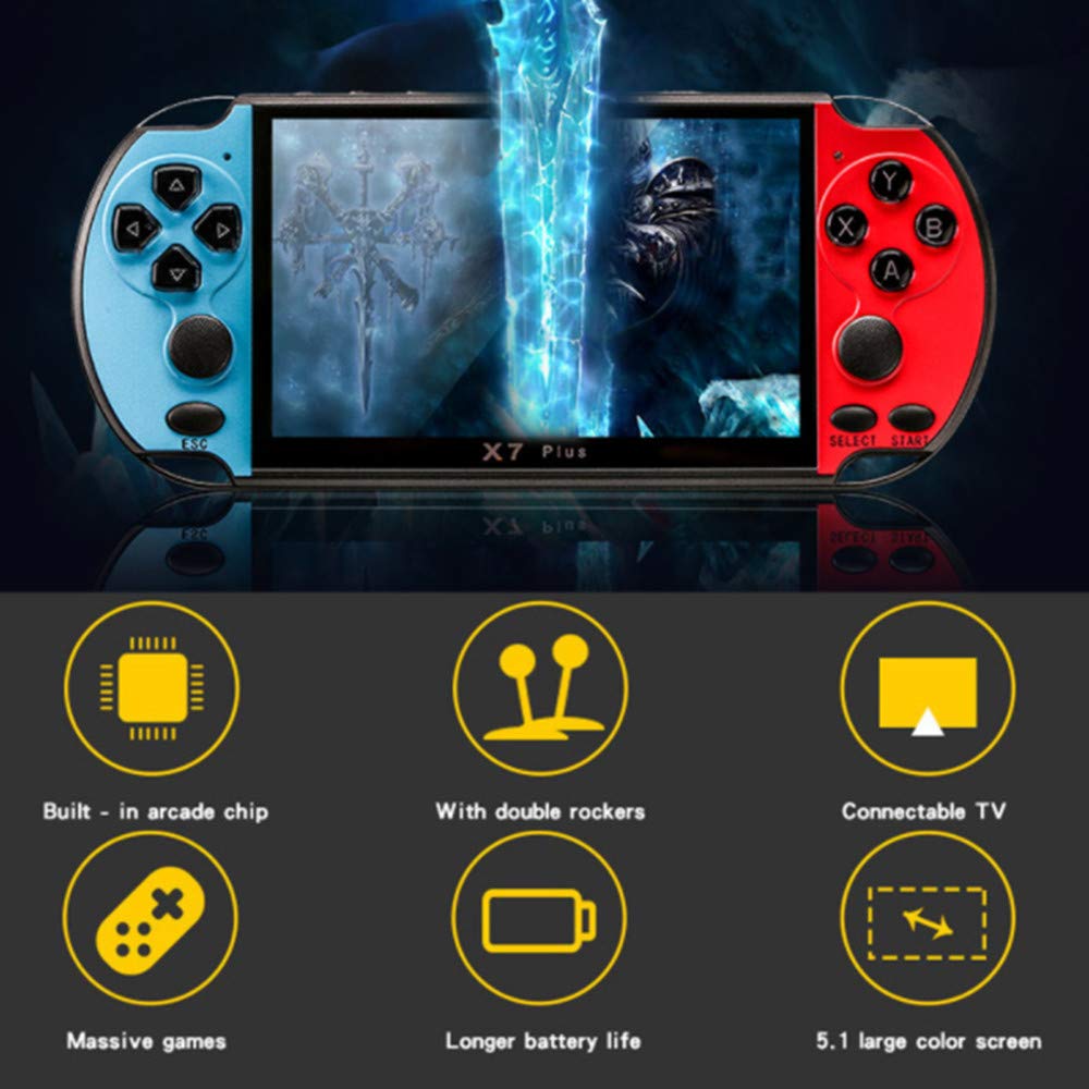 X7 PLUS Handheld Game Console 5.1-inch Dual Joystick Game Console 8GB Built-in 1000 Games Support 32/64/128-bit Video Game Console ( Blue+Red)