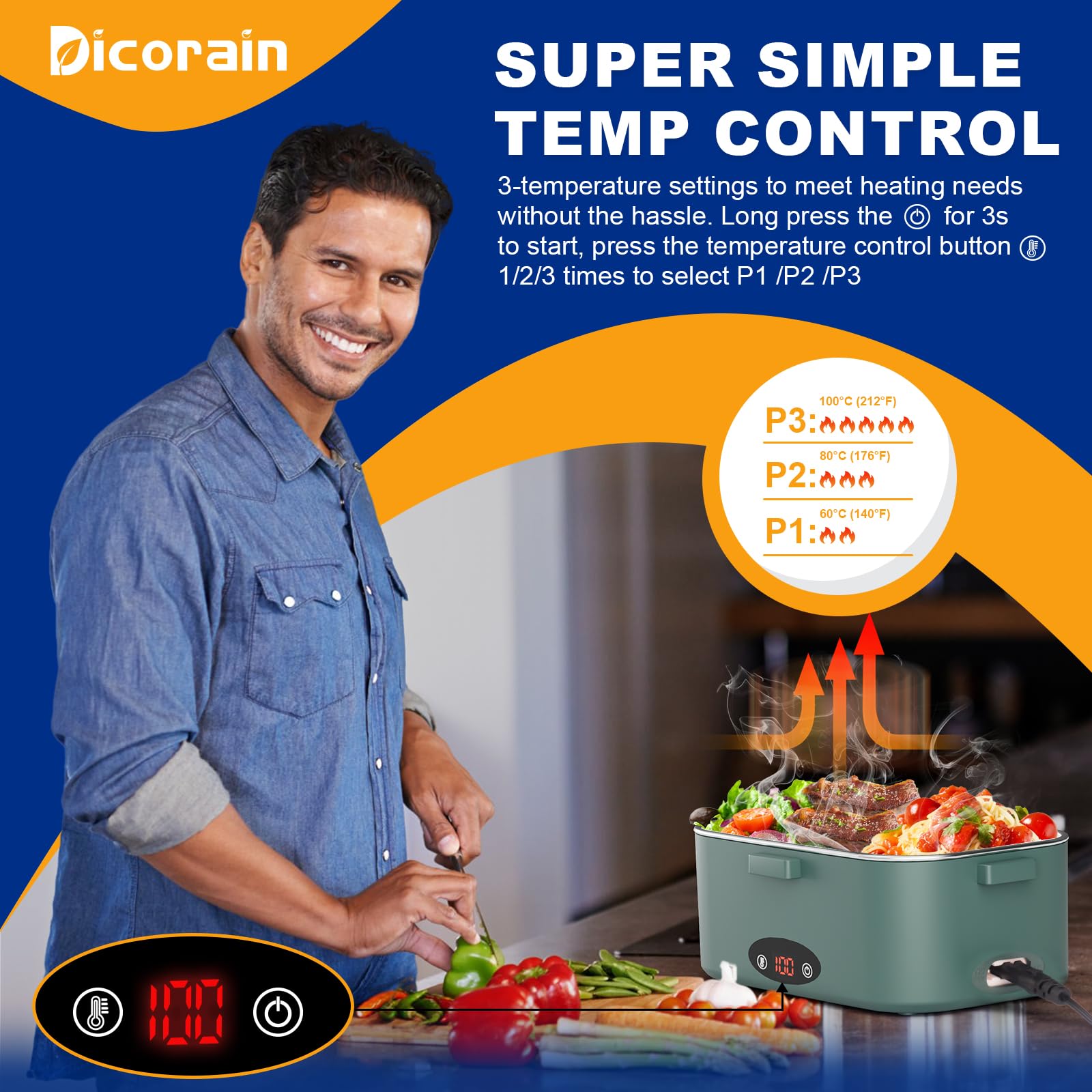 Dicorain Electric Lunch Box with Temperature Control Function, 100w Heated Lunch Box 1.8L Portable Food Warmer for Adults, 12/24/110v Heating Lunch Box for Car/Truck/Office with Thickened Bag