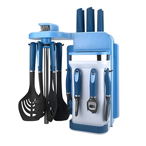 FIVETAS Kitchen Utensils Set with Holder, Nylon Cooking Utensils Set,6Pieces Stainless Steel Knives Set for Kitchen,Vegetable Peeler Knife,Cheese Grater,Cleaning Brush and 2 Plastic Cutting Boards.