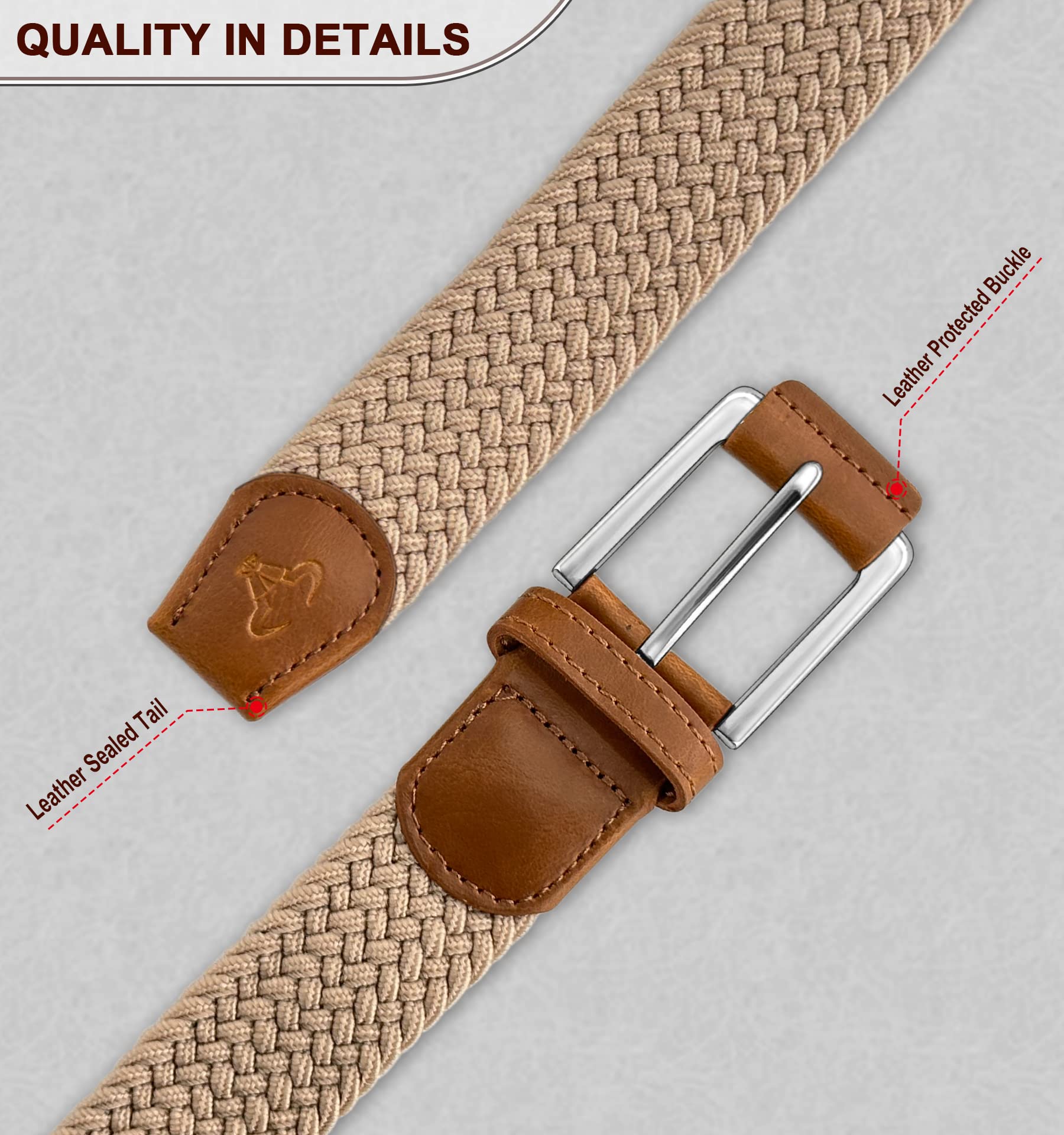 BULLIANT Stretch Belt Men,Mens Gift Woven Braided Web Belt 1 3/8 for Golf Casual Pants Shirts Jeans(Beige,46"-50" Waist Adjustable)