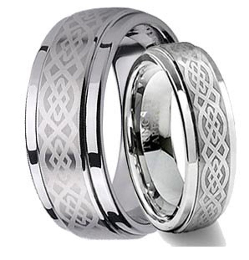Birsppy His & Her's 8MM/6MM Tungsten Carbide Wedding Band Ring Set Laser Etched Celtic Design