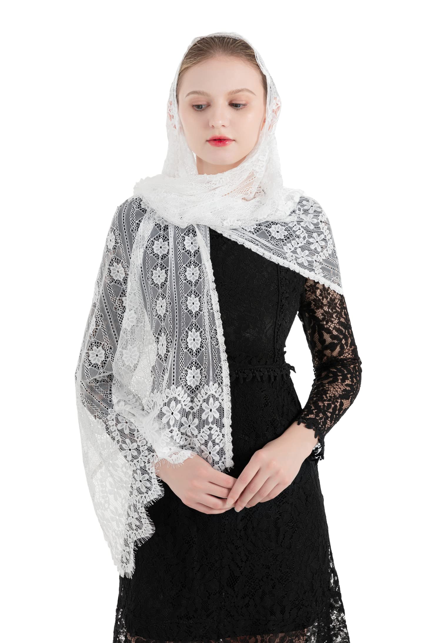 PAMOR Women Chapel Veil Rectangular Mantilla Wrap Shawl Scarf Head Covering Catholic Veils for Church (White)