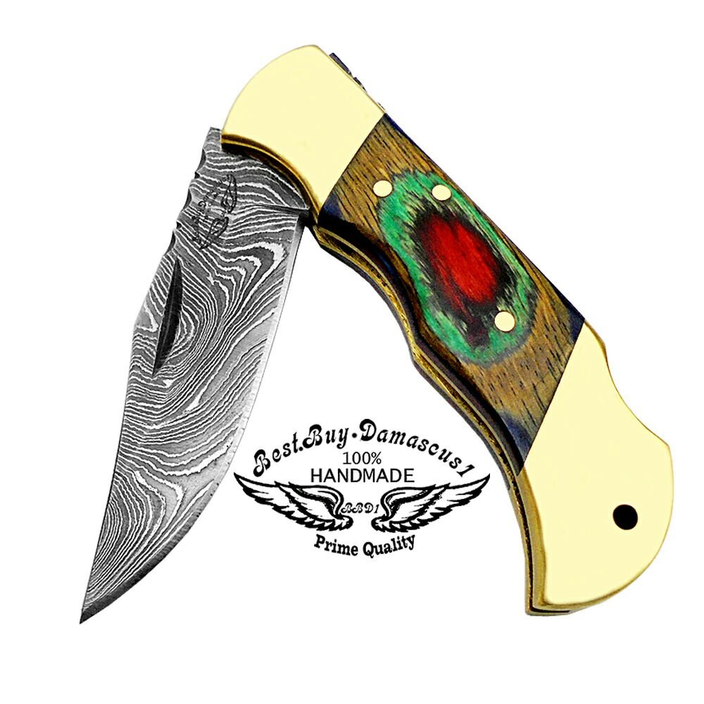 Best.Buy.Damascus1 Multi Color Wood 5.5'' Custom Handmade Damascus Steel Double Brass Bloster With Sharpening Rod Folding Pocket Knife Back Lock Prime Quality Come With Leather Sheath